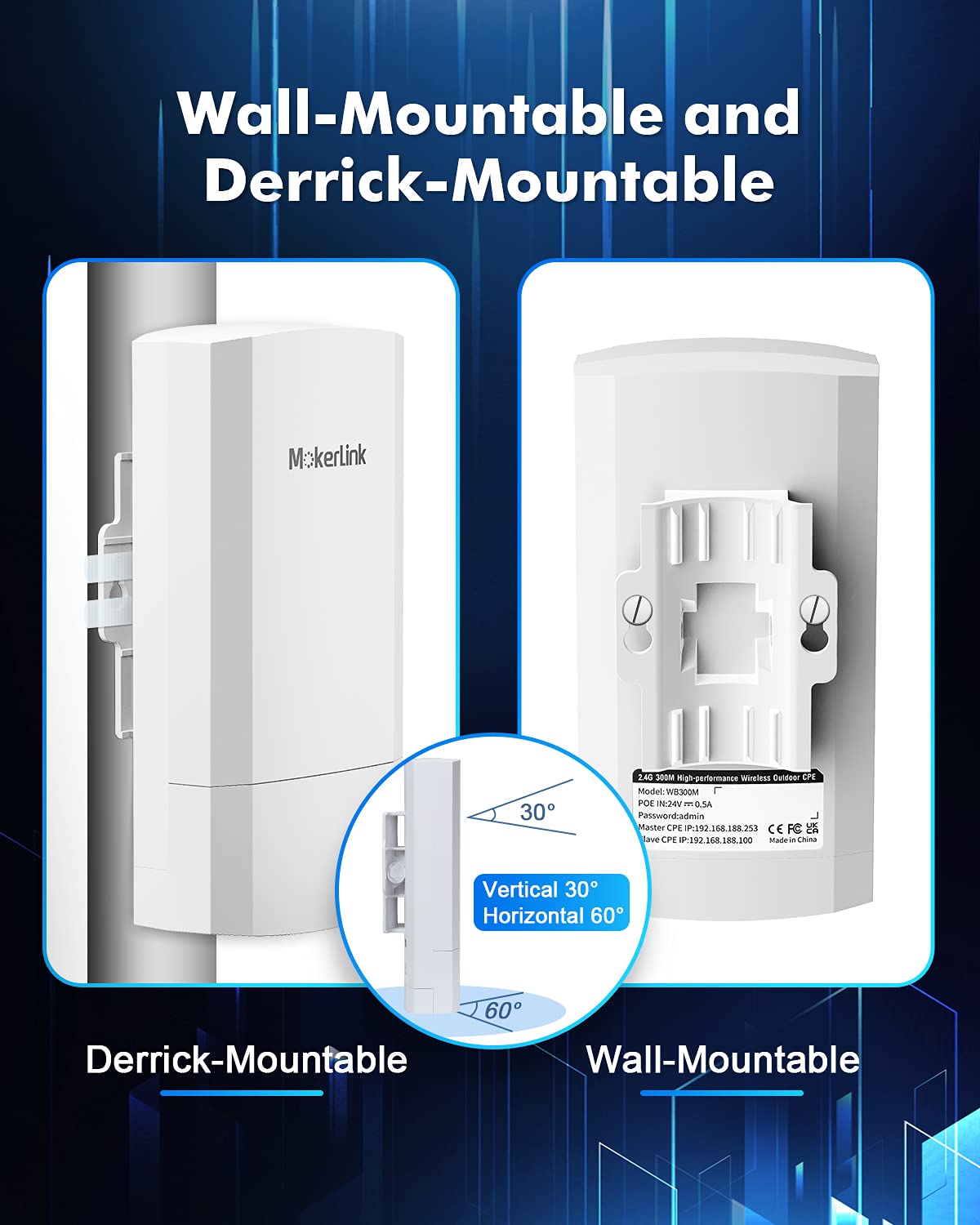 MokerLink WiFi Bridge, Wireless Outdoor CPE for PtP and PtMP Transmission, 2.4GHz 300Mbps 1KM Distance, with PoE Adapter, 2 Ethernet Port, 2 Pack