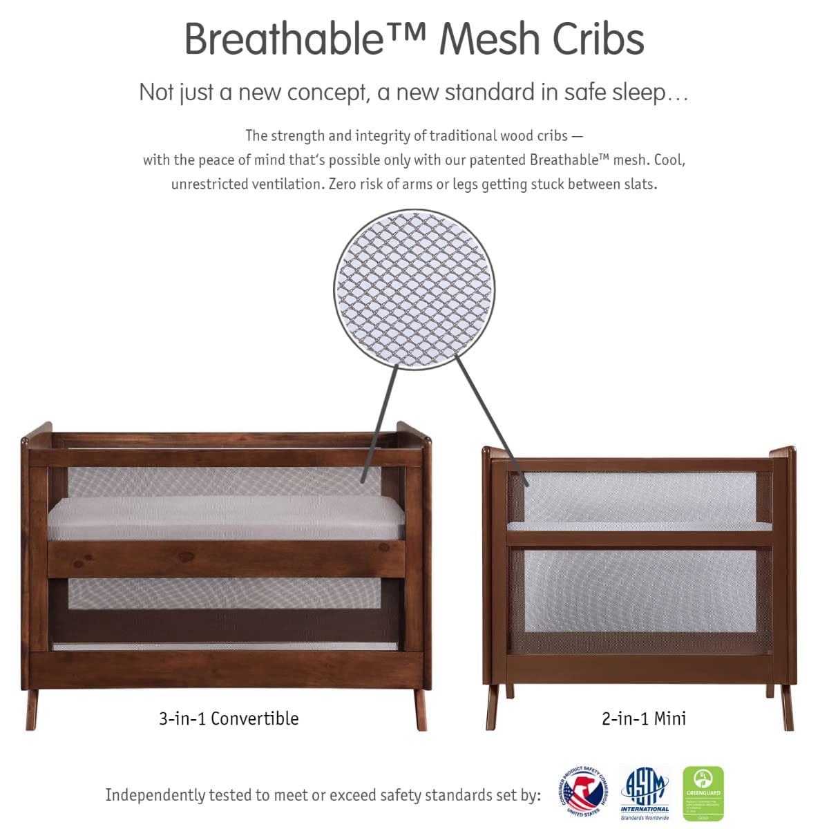 BreathableBaby Breathable Mesh 3-in-1 Convertible Crib (Toddler Bed Kit Sold Separately) — Walnut — Two Adjustable Mattress Heights — Greenguard Gold Certified