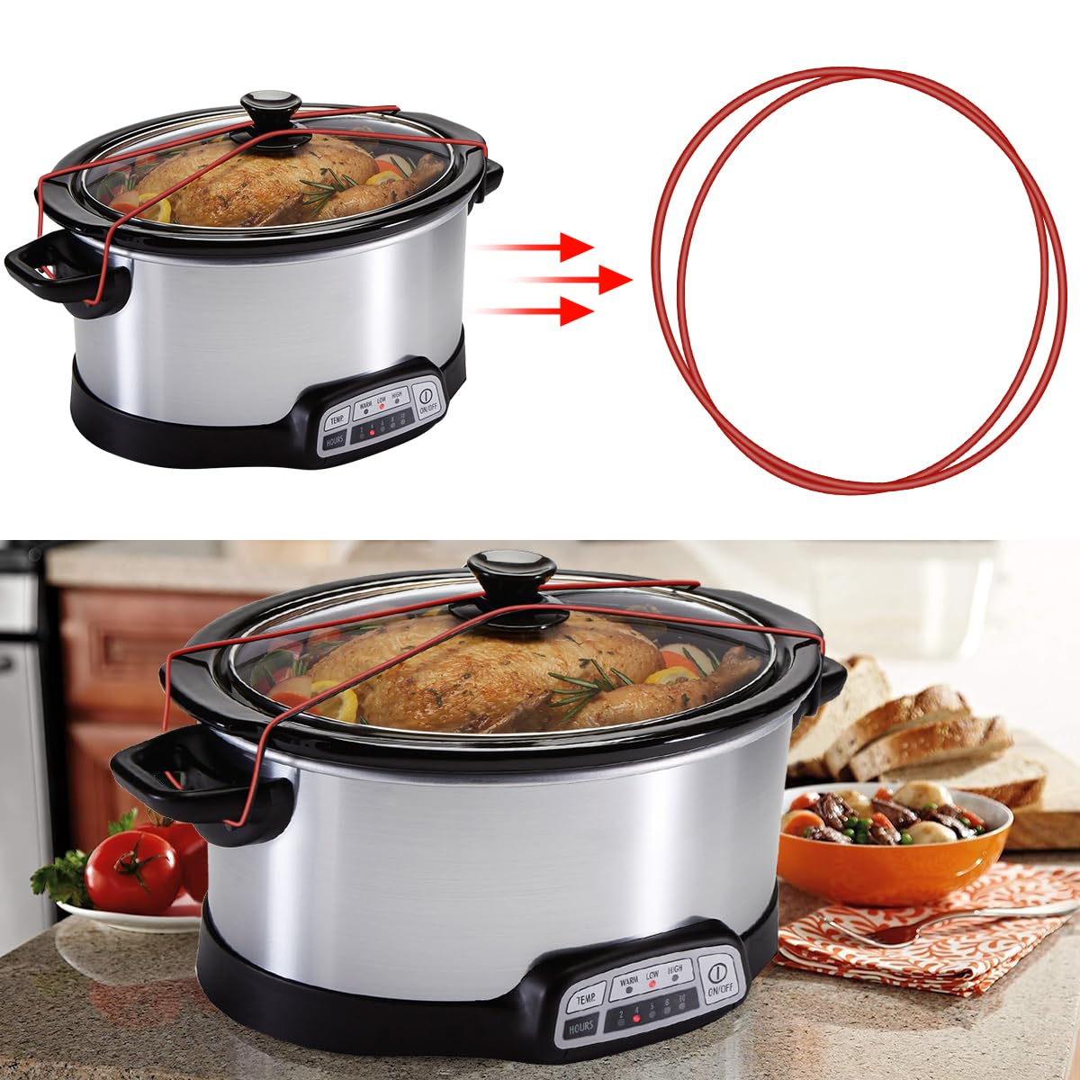 2 Pack Black and Red Elasticity Lid Latch Strap Rubber Band 6-7-8 Quart Compatible for Hamilton Beach Crock Pot Slow Cooker