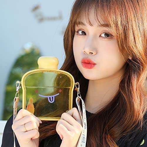 380ML/12.8 Oz Creative Toast Bread Water Bottle,Reusable Portable Leak-Proof Direct Drinking Juice Bottle with Adjustable Shoulder Strap for Beautiful Girls and Students (Yellow)
