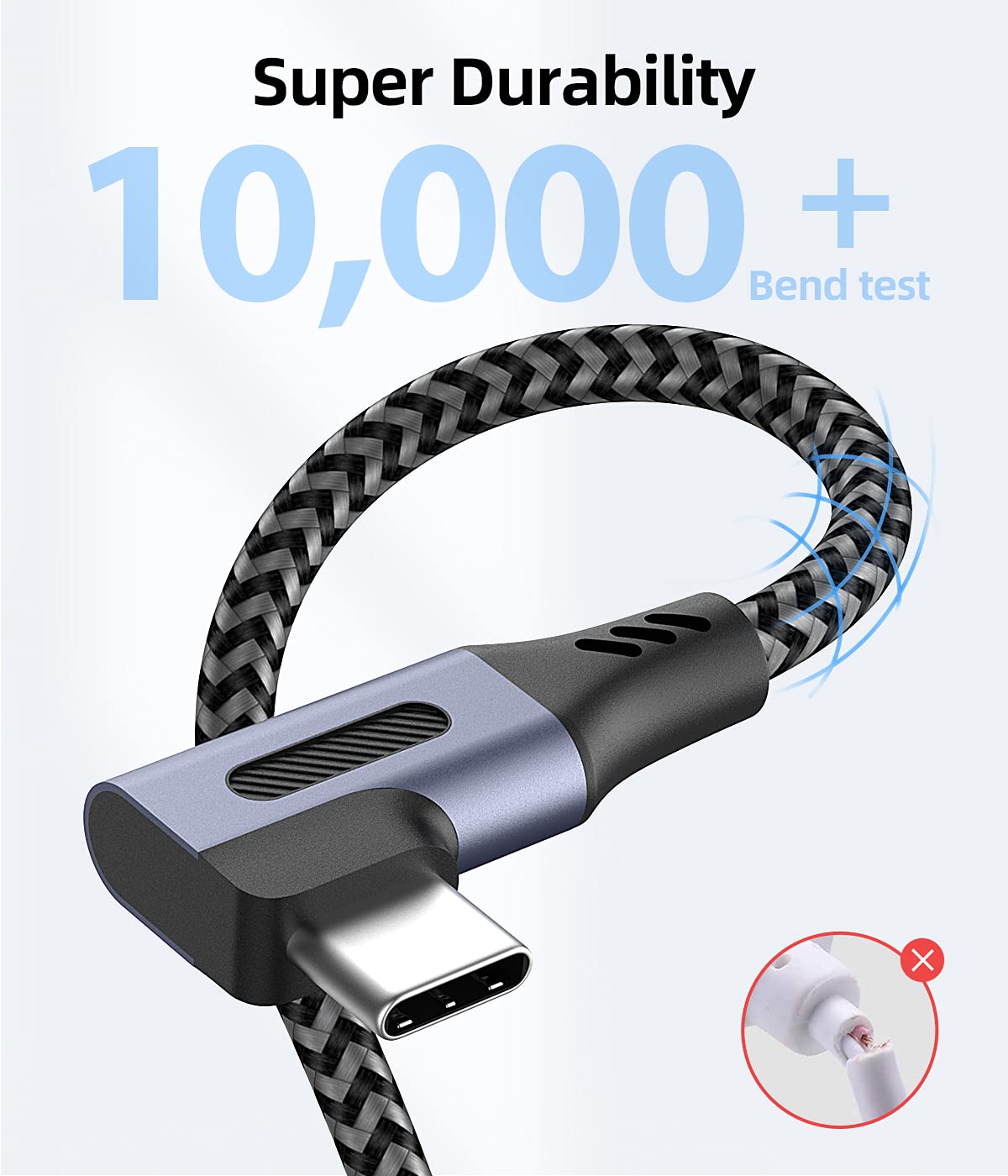 SUNGUY 2-Pack 1FT Right Angle USB A to USB C Charger Cable, Braided 3A Fast Charging & Data Sync 90 Degree USB 2.0 Type C Cable Compatible with Galaxy S20 S10 S9 Plus and More