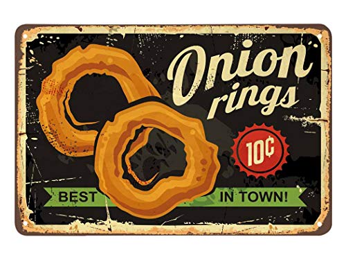 AOYEGO Onion Rings Tin Sign,Restaurant Fast Delicious Food Best in Town Black Vintage Metal Tin Signs for Cafes Bars Pubs Shop Wall Decorative Funny Retro Signs for Men Women 8x12 Inch