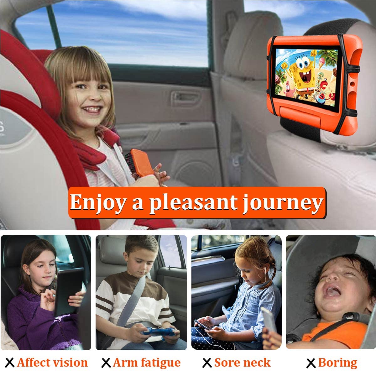 Car Headrest Tablet Mount Holder for Kids Back Seat, Fit for Ipad, Kindle, Fire HD 7,8,10,HDX, Nintendo Switch and Other 7 to 10.9 Inch Tablets, 360 Adjustable, Anti Vibration and Easy to Instal
