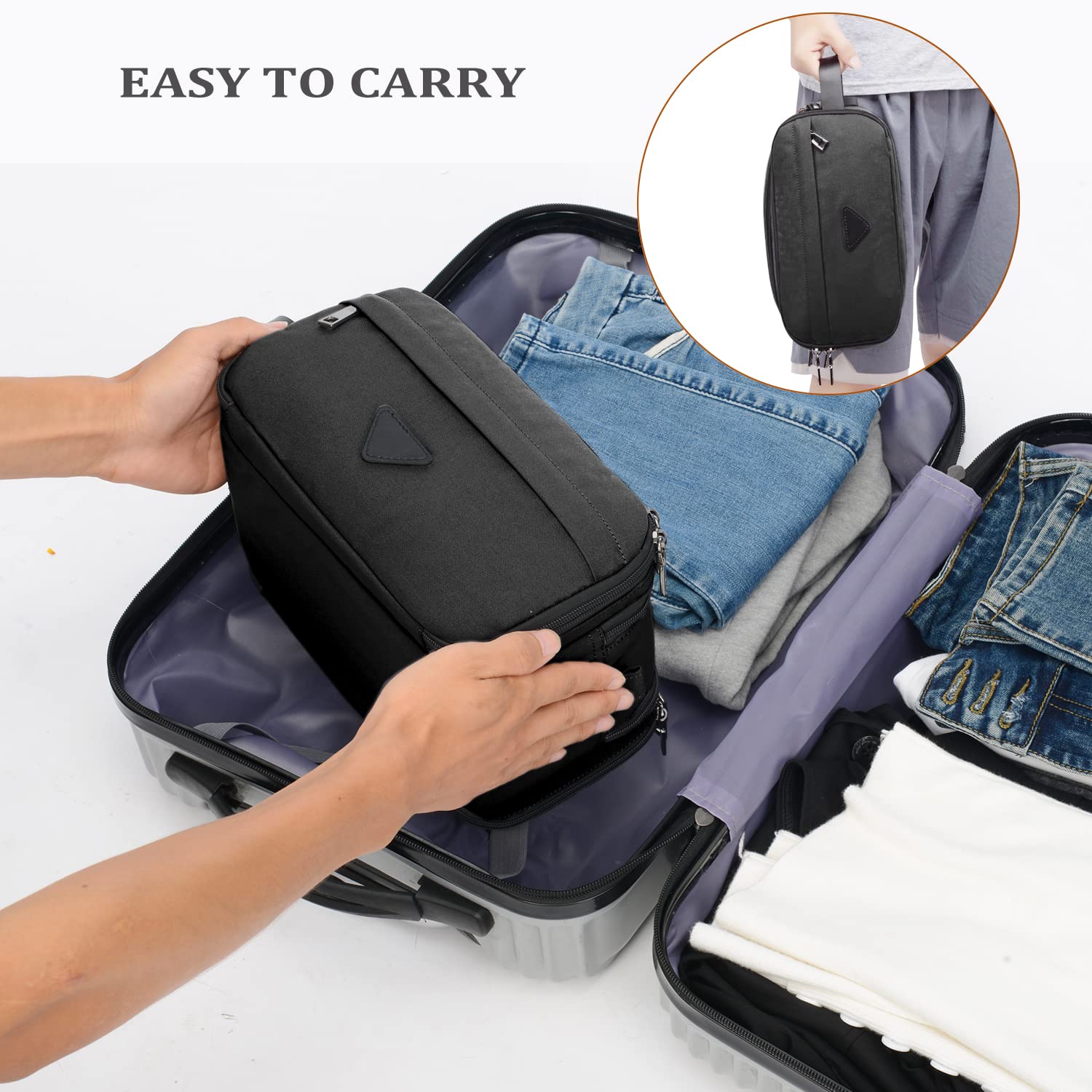 CROCOD Mens Toiletry Bag Travel Leather Toiletry Organizer Dopp Kit for Men Water-resistant Shaving Bag for Bathroom (Black)