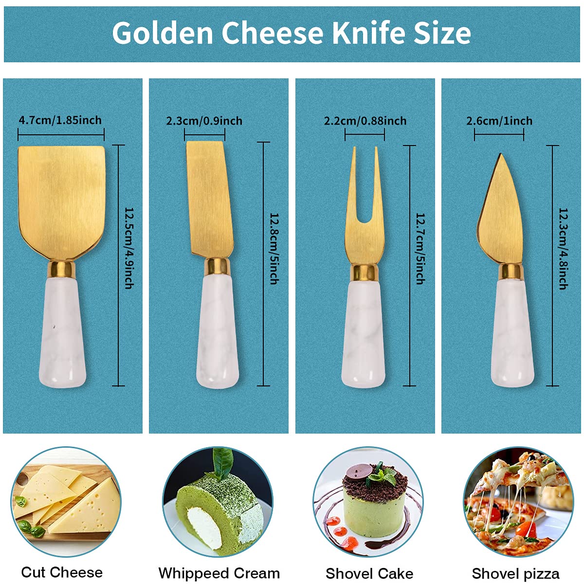 Funland 4PCs Gold Cheese Knife Spreader Set, Cute Butter Knife Slicer with Marble Handle, Cheese Spredering, Fruit Fork and Spatula for Jams - Cheese Board Accessories for Holiday, Weddings, Parties