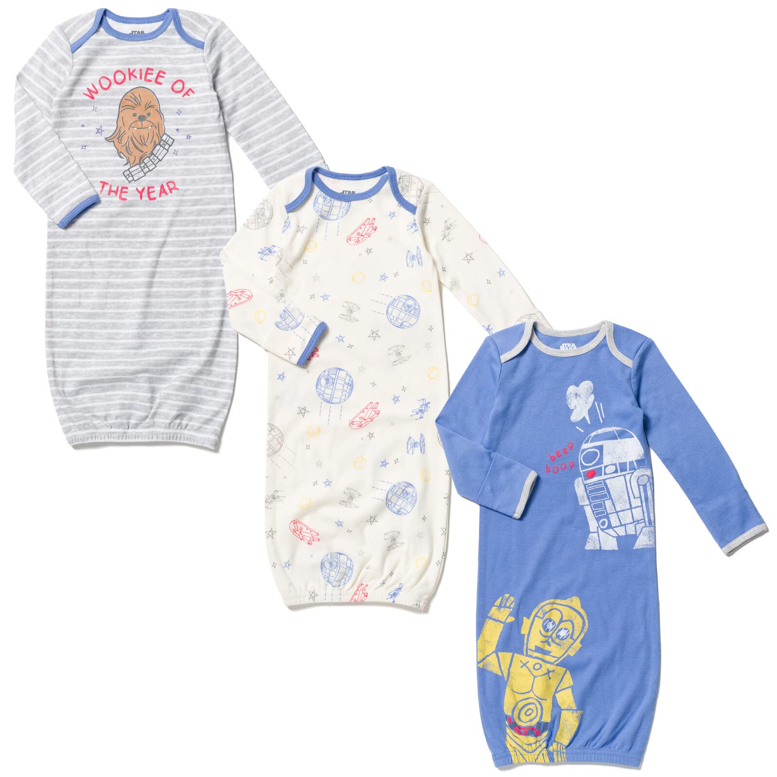 Star Wars Chewbacca R2-D2 C-3PO Baby Boys 3 Pack Swaddle Sleeper Gown 0-6 Months