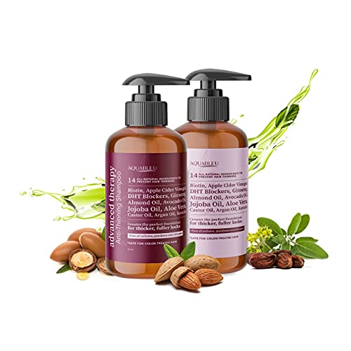Aquableu’s Advanced Therapy Anti-Thinning Shampoo and Conditioner Set – 14 All-Natural Ingredients to Moisturise, Strengthen and Fight Hair Thinning – Biotin, ACV, DHT Blockers – Sulfate Free – 16oz