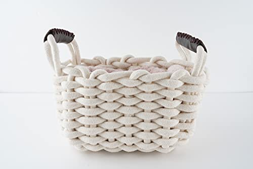StorageDoctor Small Cotton Rope Basket Decorative Woven Basket Collapsible Nursery Hamper with Handles for Laundry, Towels,Books,Keys,Storage Basket (White, 8.5"x6.5"x6")