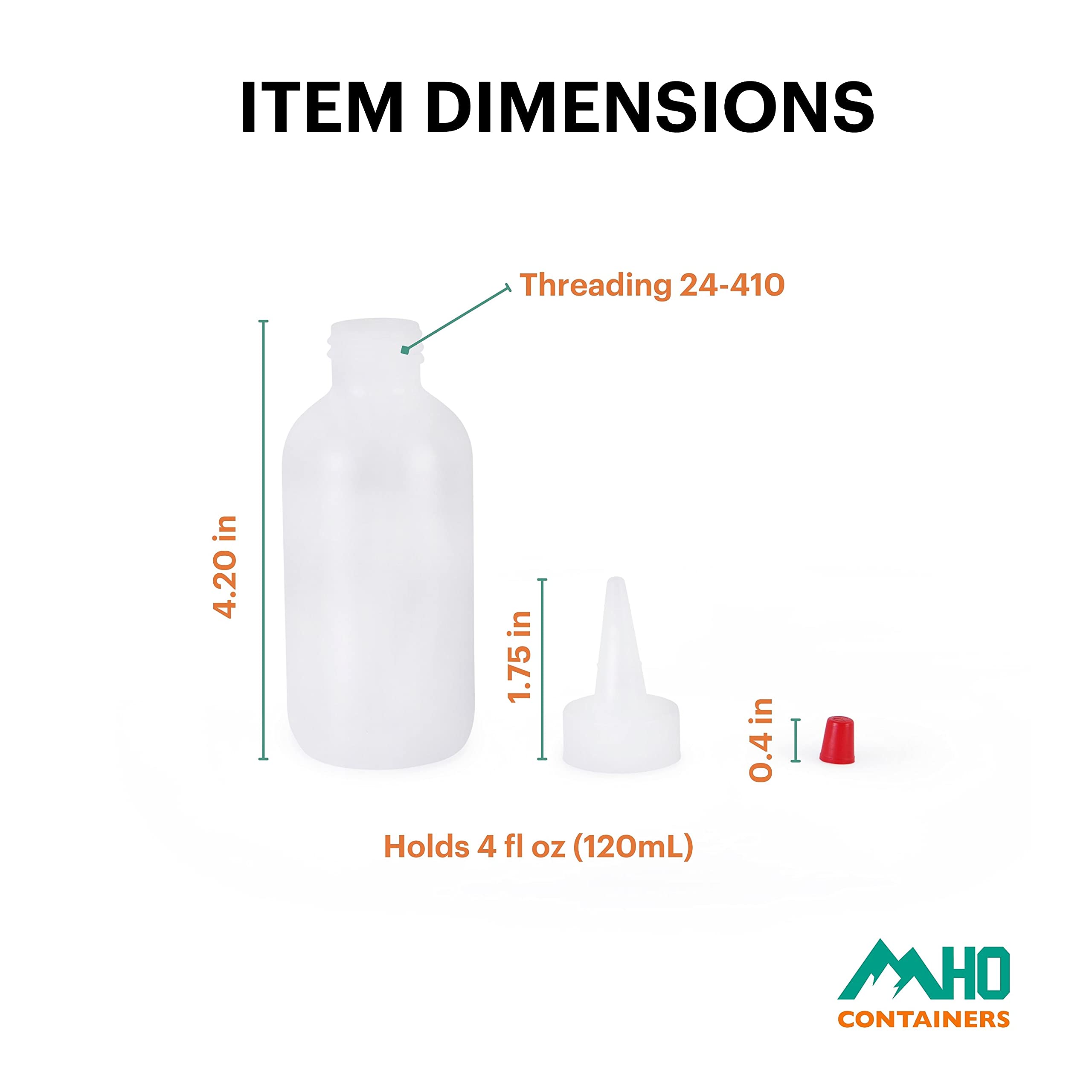 MHO Containers | 4 fl oz LDPE Plastic Boston Round Applicator Bottles with 24m Yorker Red-Tip Caps, Made in the USA - Pack of 6