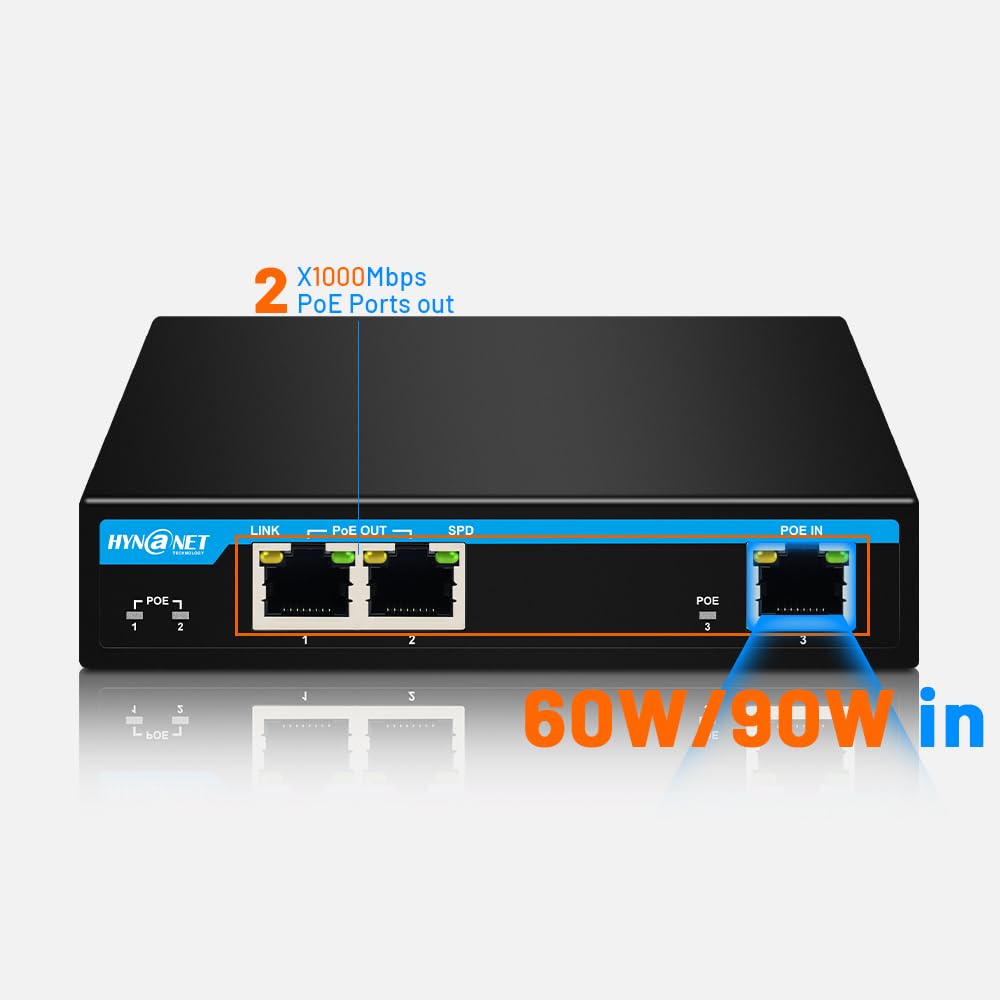 Gigabit Ethernet POE Extender 1 Port 60W in 2 Ports 30W Out POE Passthrough Switch Compliant with IEEE802.3af/at/bt and Extends UP to 100 Meter PX202