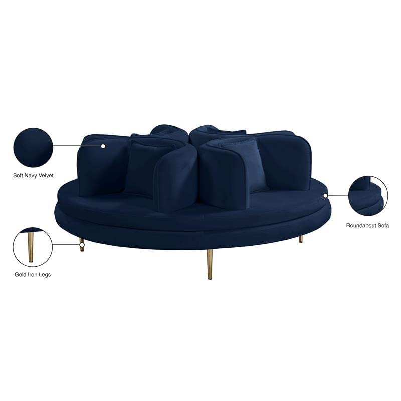 Meridian Furniture 627Navy Circlet Collection Modern | Contemporary Velvet Upholstered Roundabout Sofa with Sturdy Gold Iron Legs, 72" W x 72" D x 29" H, Navy
