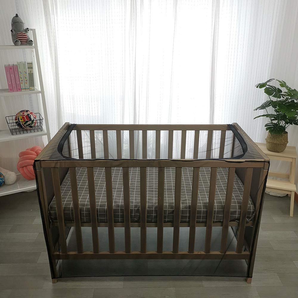 Crib net Crib Tent with Sewn in Storage Pouch, Baby Mosquito net for Crib, Pack N Play, Playpen/Stroller, 3 Sides Zipper Opening, 2 Luminous Zipper Head, Elastic Edges, Easy Attach and Remove, Black