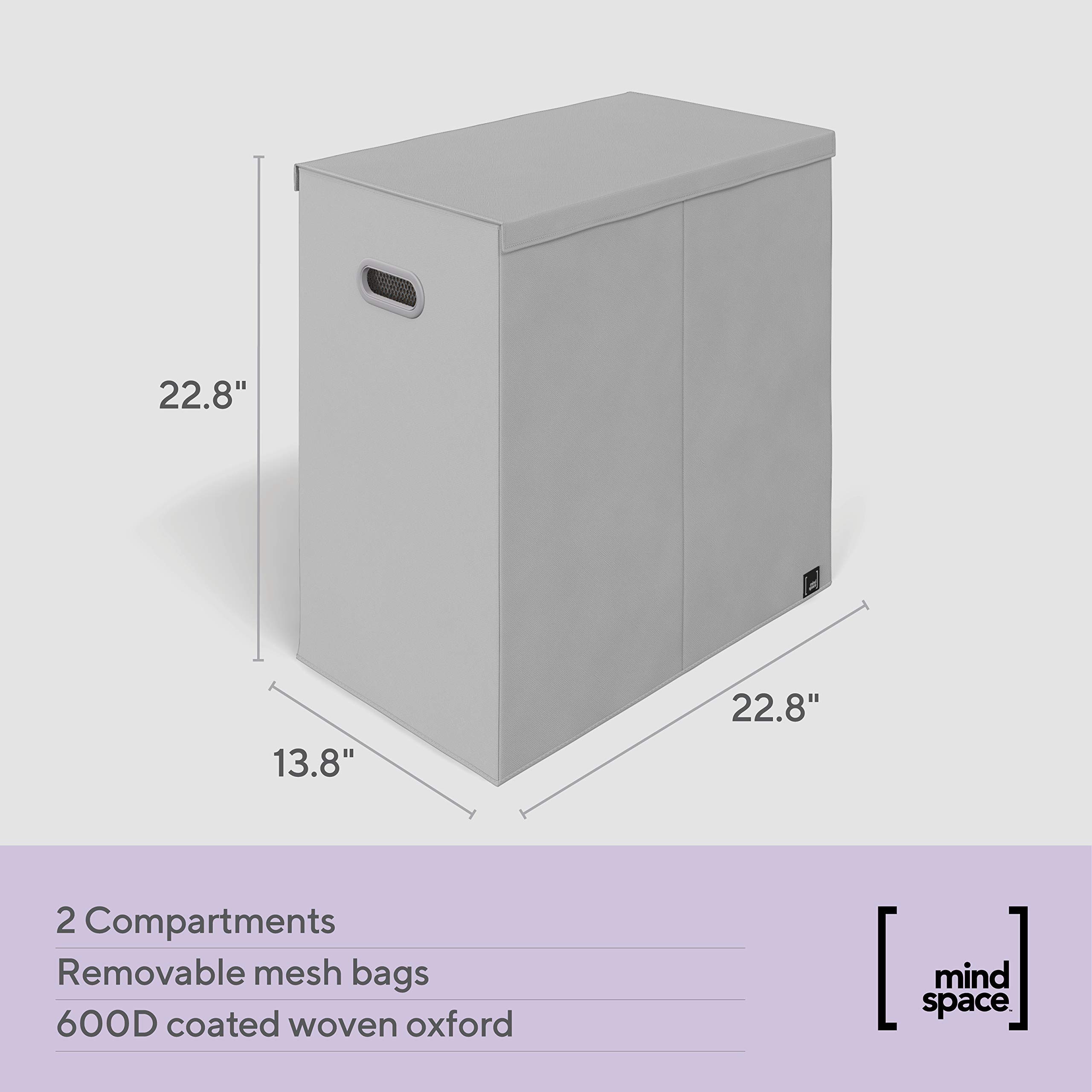 Mindspace Double Laundry Hamper with Lid and Removable Mesh Bags - Woven Canvas Laundry Basket Organization for Bathroom, Bedroom, Kids, Baby - Cool Gray, Oxford Collection