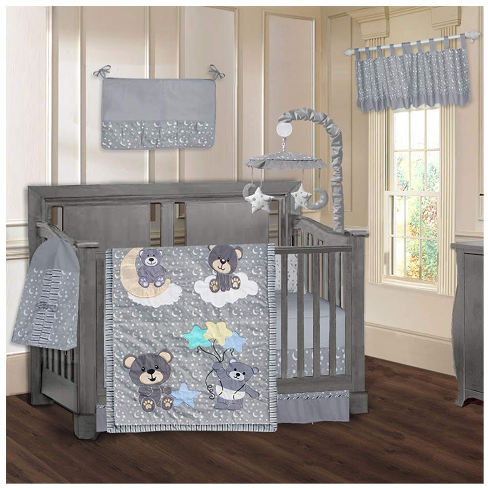 BabyFad Teddy Bear Grey with Stars, Moon and Cloud 100% Cotton Nursery for Baby Boys and Girls, Musical Mobile 9 Piece Crib Bedding Set