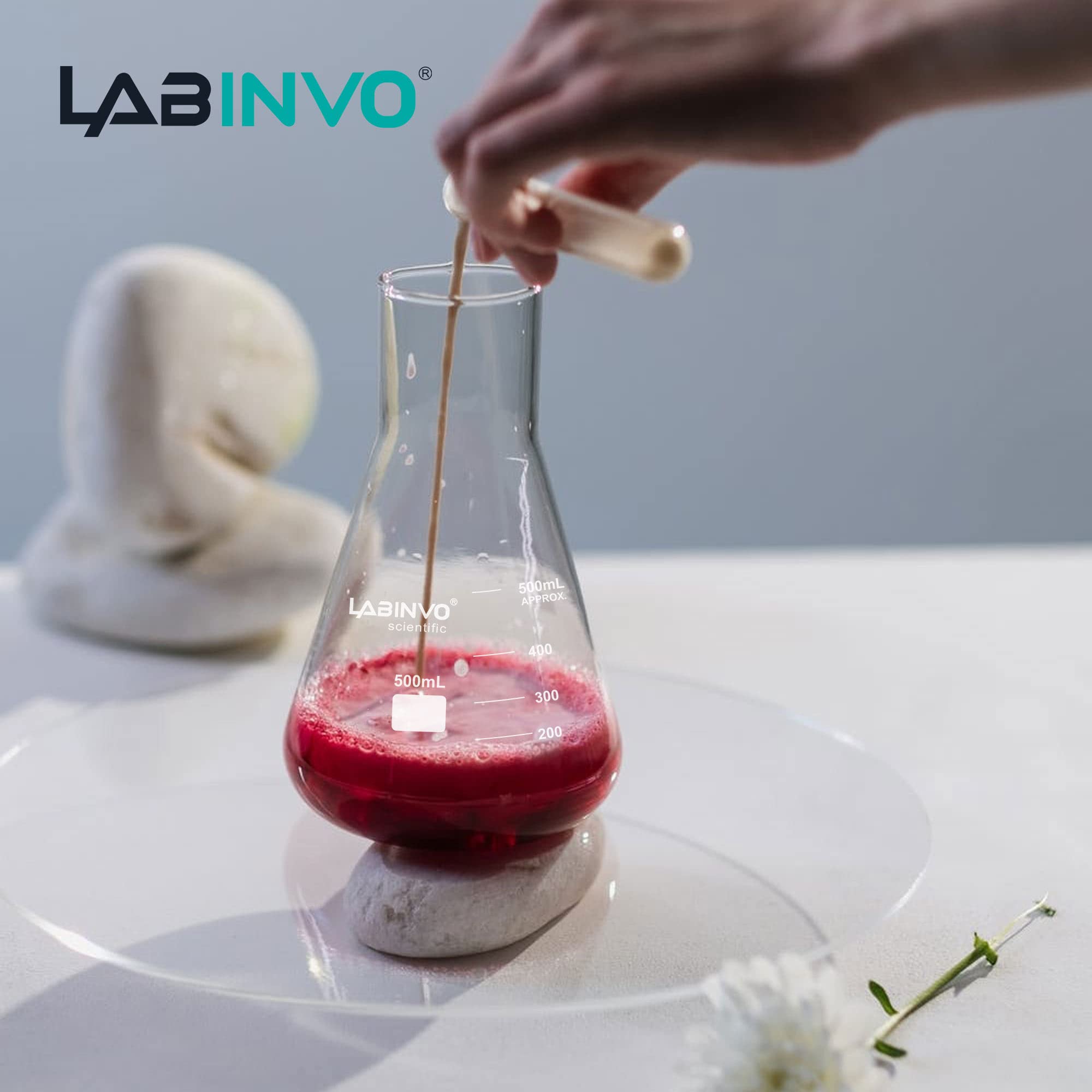 LABINVO 500ML Glass Erlenmeyer Flask, Narrow Mouth Graduated Conical Flask with Marking Spot, 6pcs of 3.3 Borosilicate Glass Flask Set, IN-EFN500