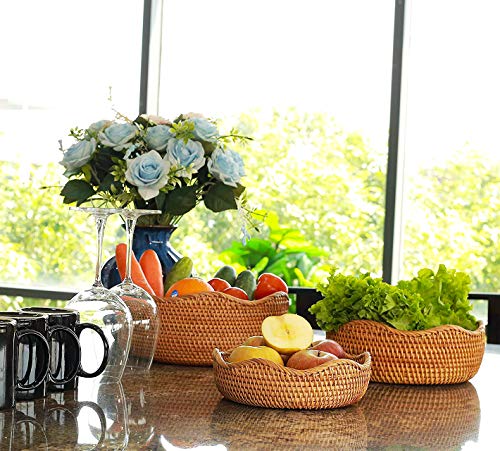 CLAYNIX Woven Fruit Basket For Storage Key Holder Bowl Decorative Wall Bread Vegetable 3 Serving Bowl Set For Organizing Kitchen Natural Rattan Picnic Basket Curve Stackable Set of 3 (Wave)