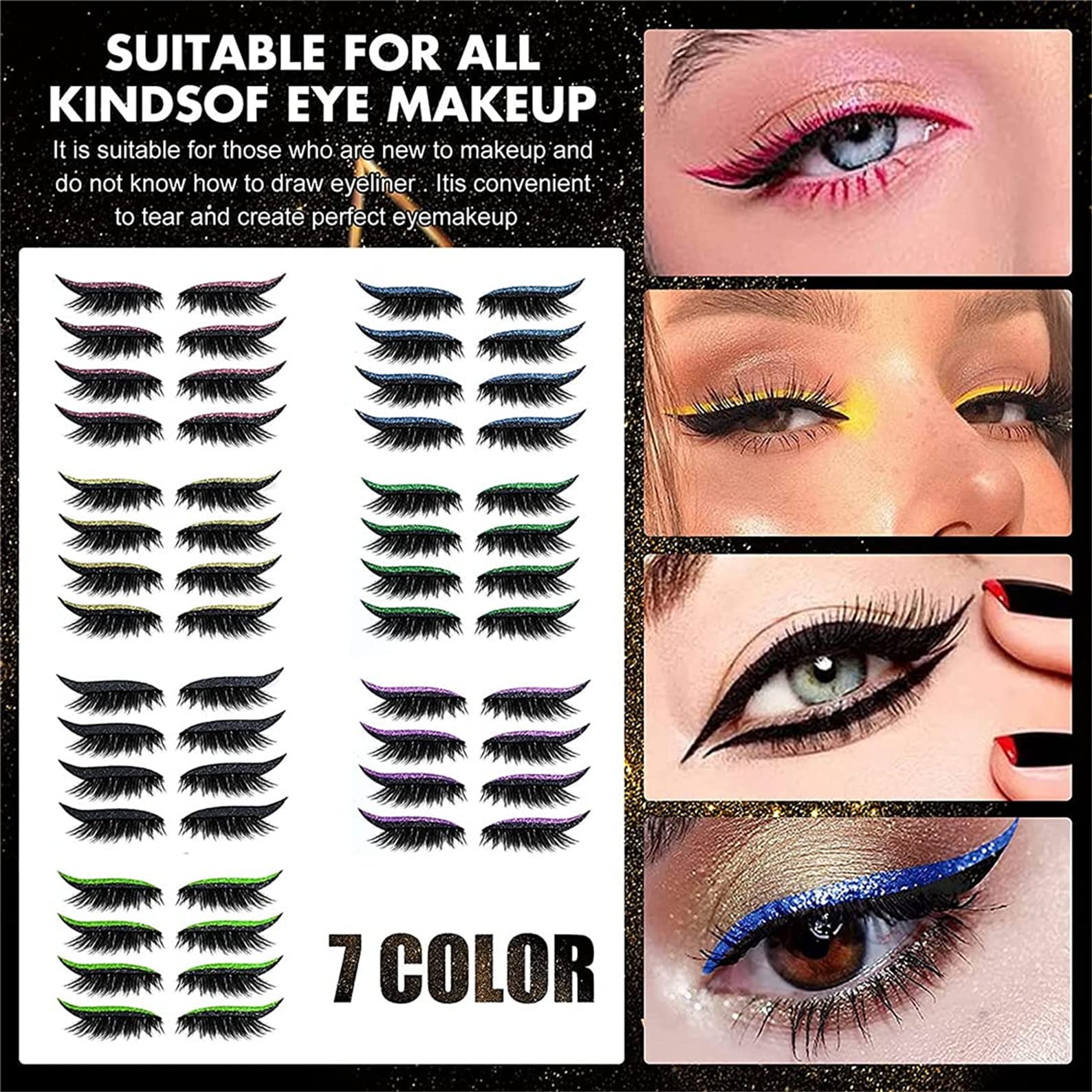 False Eyelashes,Reusable Eyeliner and Eyelash Stickers 7 Color Waterproof Reusable Eyeliner Eyelash Stickers Easy to Use and Remove,Women Make Up Eyeliner stickers