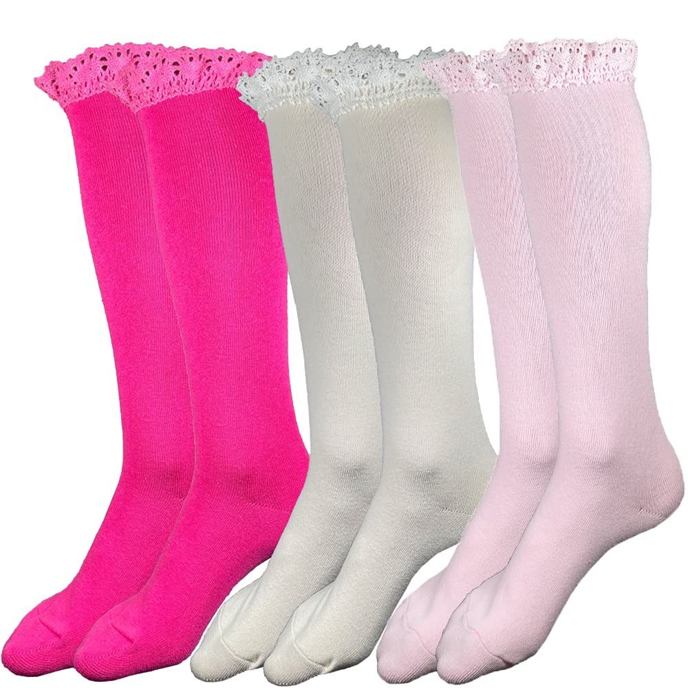 juDanzy Baby and Girls Knee High Lace Top Socks (6-10 Years, Hot Pink, Cream, and Light Pink)