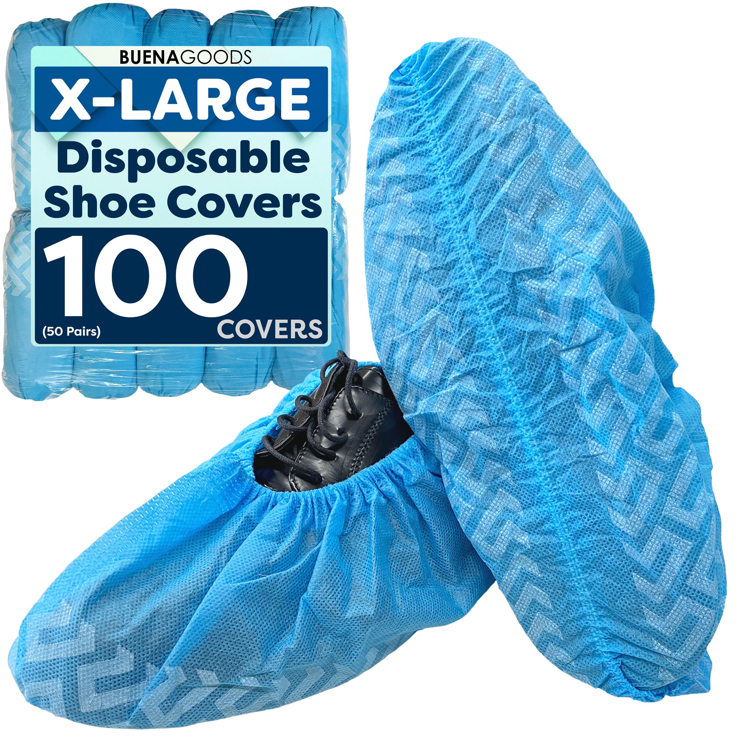 Buena Goods 100 Pack Extra Large Disposable Blue Boot and Shoe Covers - Indoor Reusable Shoe Covers Disposable - Non Slip Booties - Fits US Men's Size 14 and Women's 16 Size