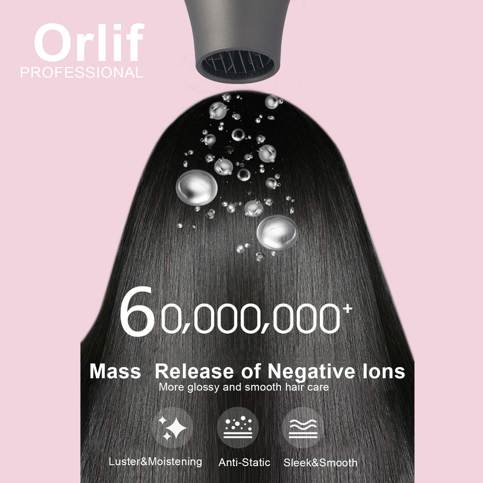 Orlif 1875W Hair Dryer，Ionic Fast Dry Noiseless Hair Blow Dryer with AC Motor，Professional Salon Hair Dryers with Diffuser，Concentrator，2 Speed and 3 Heat Settings，Cool Shot Button，Gray