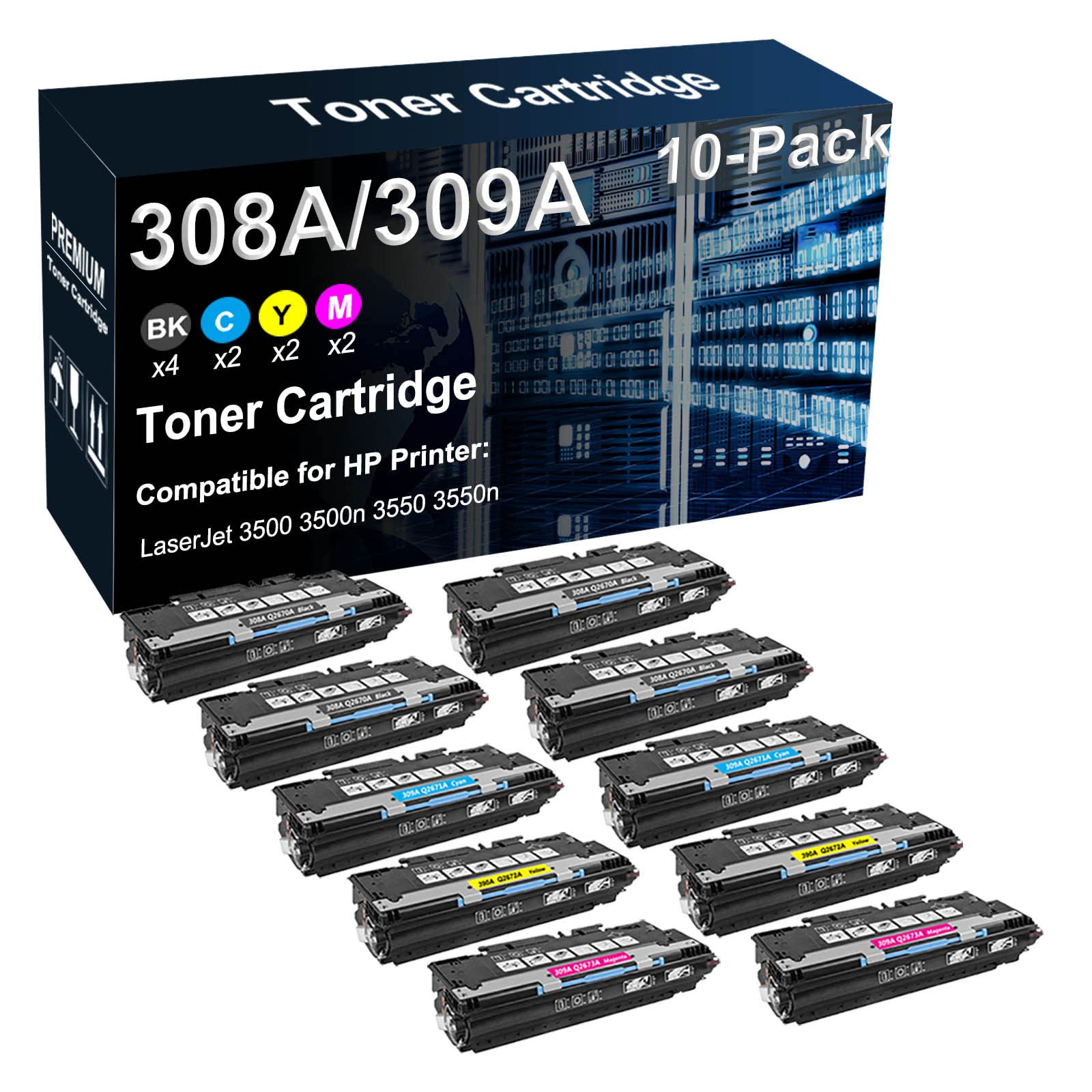 10-Pack (4BK+2C+2Y+2M) Compatible 308A 309A (Q2670A Q2671A Q2672A Q2673A) Printer Toner Cartridge Used for HP 3500 3500n 3550 3550n Printer (High Yield)