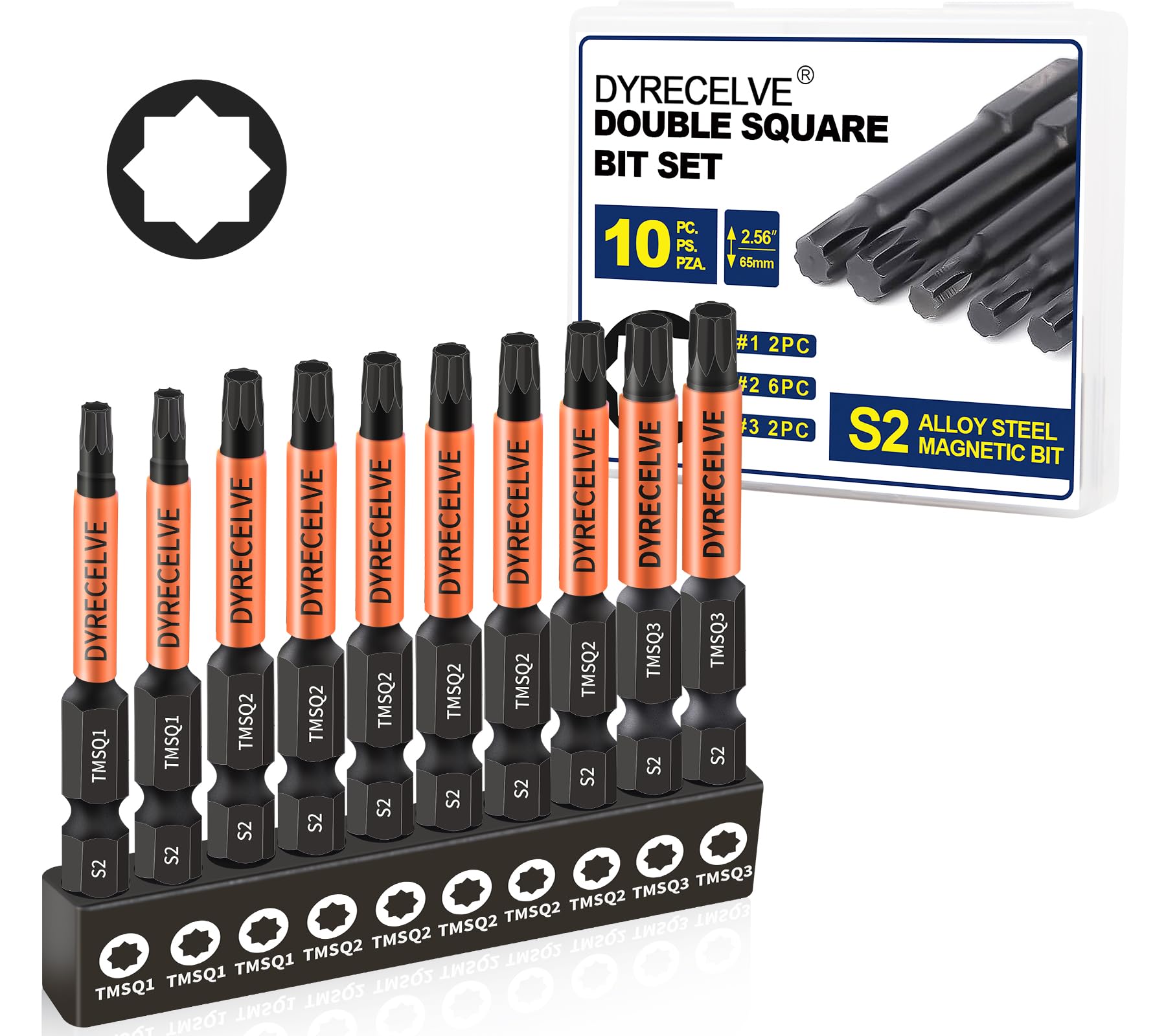 10-Pack 8 Point Star Bit - Professional 8 Point Torx Bit (Magnetic Heads & Hex Shank) - Double Square Bit Set Made of Premium S2 Alloy Steel - 8 Point Star Bit for Trailer - Sizes #1, #2 and #3