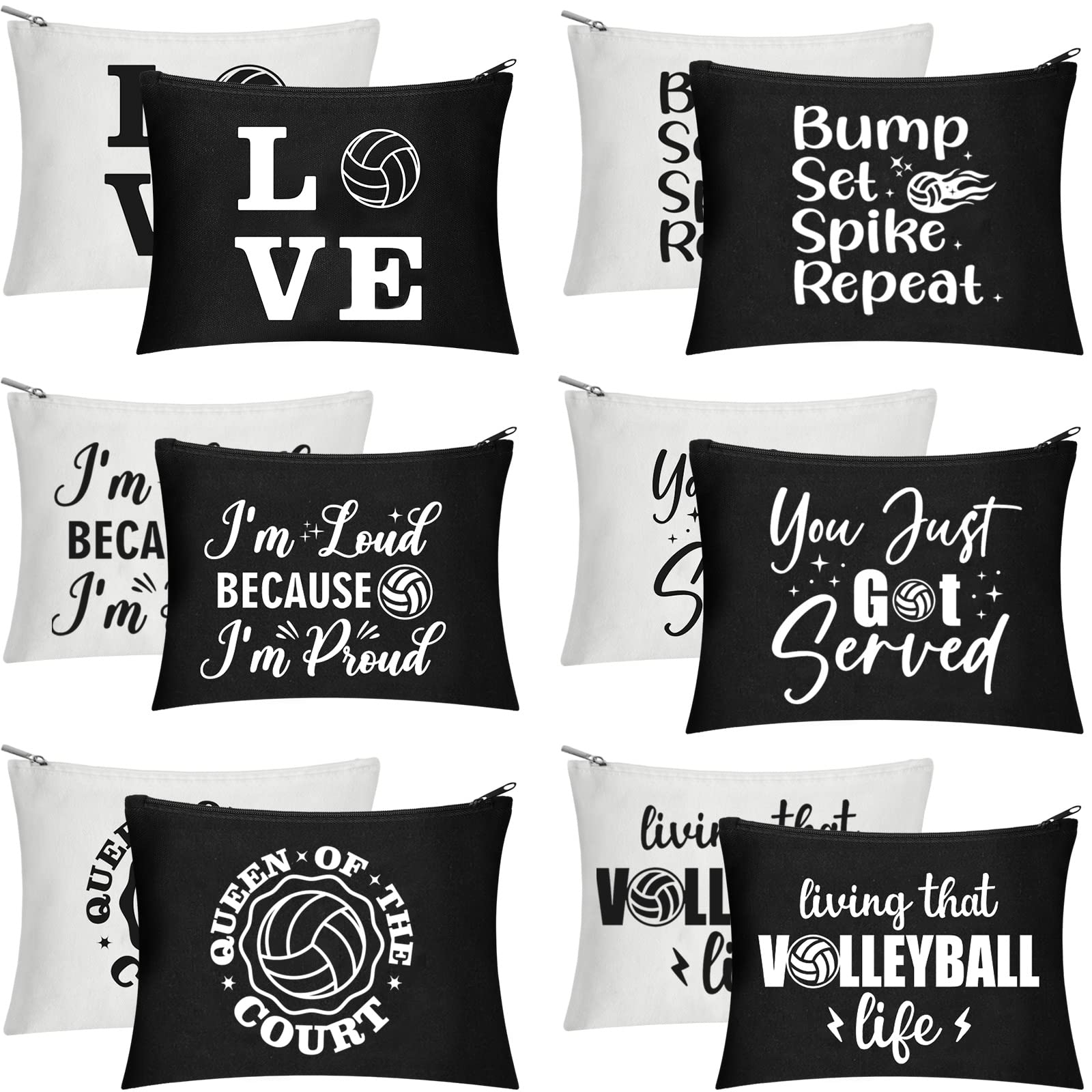 Weewooday 12 Pieces Volleyball Makeup Bags Gift Canvas Cosmetic Bags with Words Volleyball Portable Storage Case Travel Make up Pouches with Zipper for Women, 2 Colors