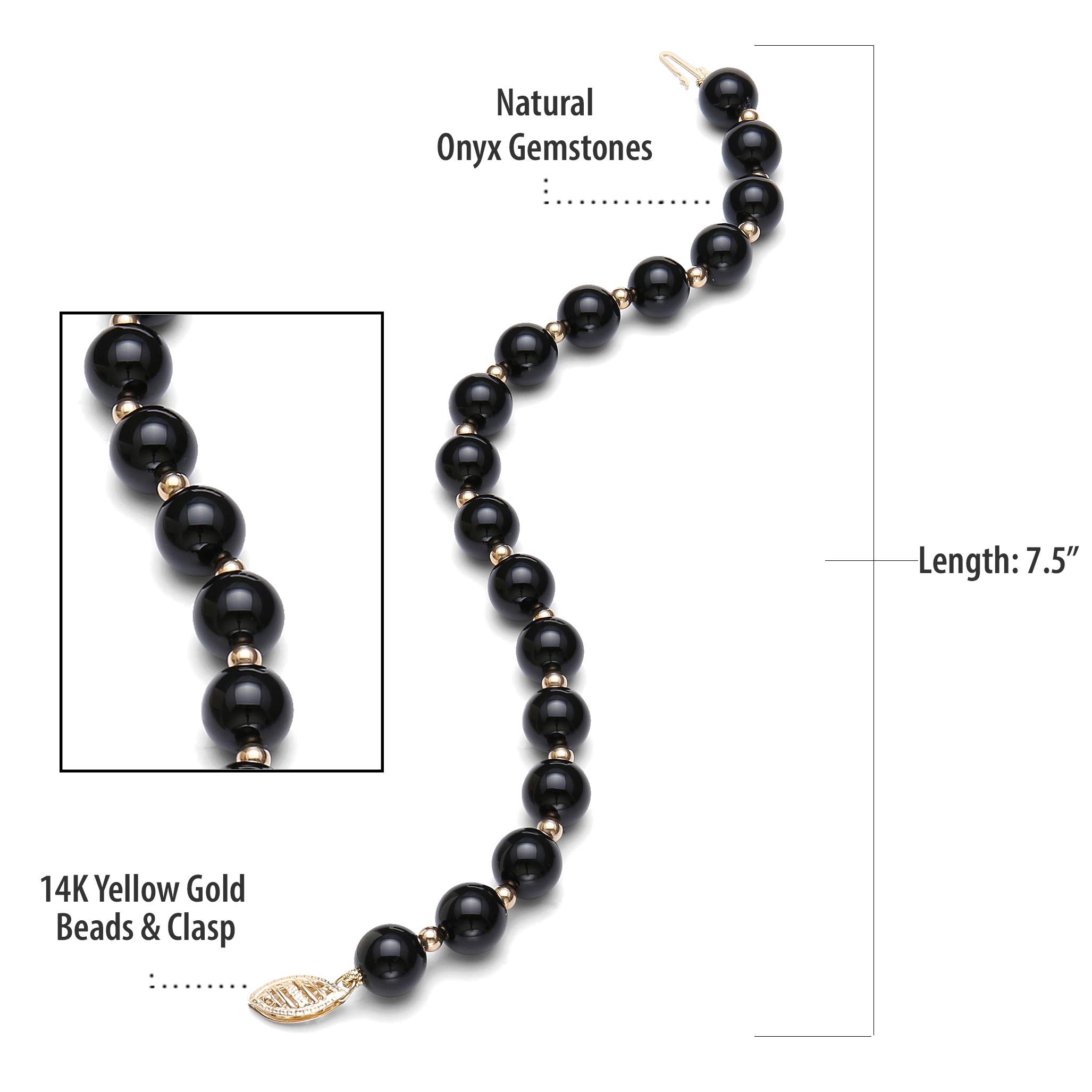 10k Yellow Gold Black Onyx Beaded Bracelet for Women, 7.5"