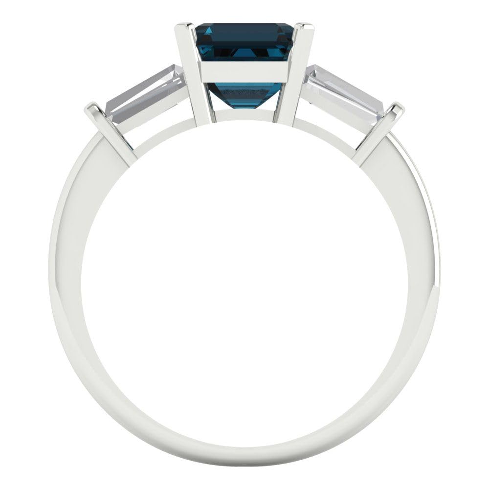1.56ct SQ Emerald cut 3 stone Solitaire Royal Blue Topaz Wedding Bridal art deco Anniversary Ring 14k White Gold 9.25