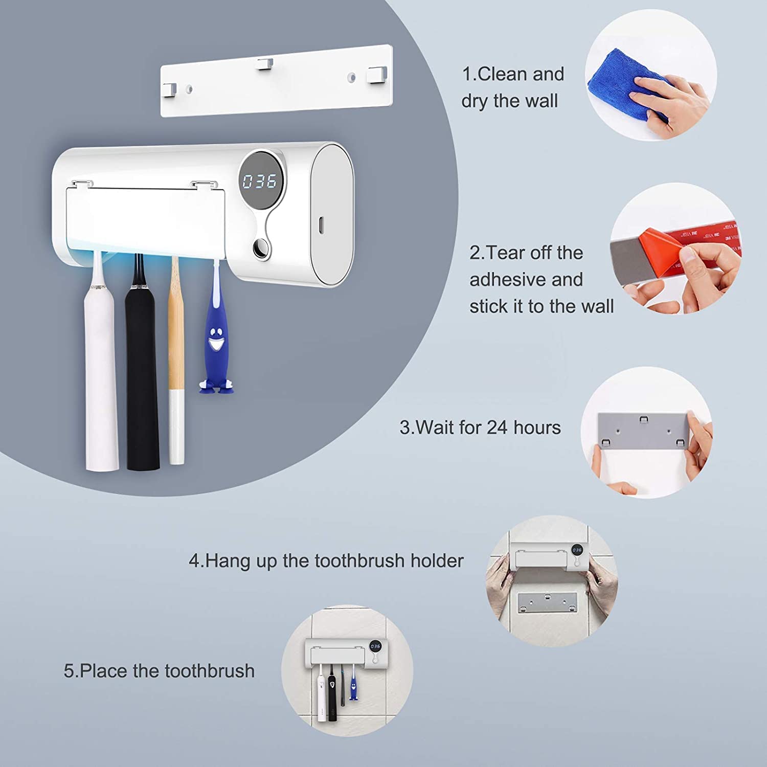 Toothbrush Cleaner with Blue Light, Toothbrush Holder Wall Mounted Without Drilling, Rechargeable Toothbrush Holder for Bathroom 2 Pack
