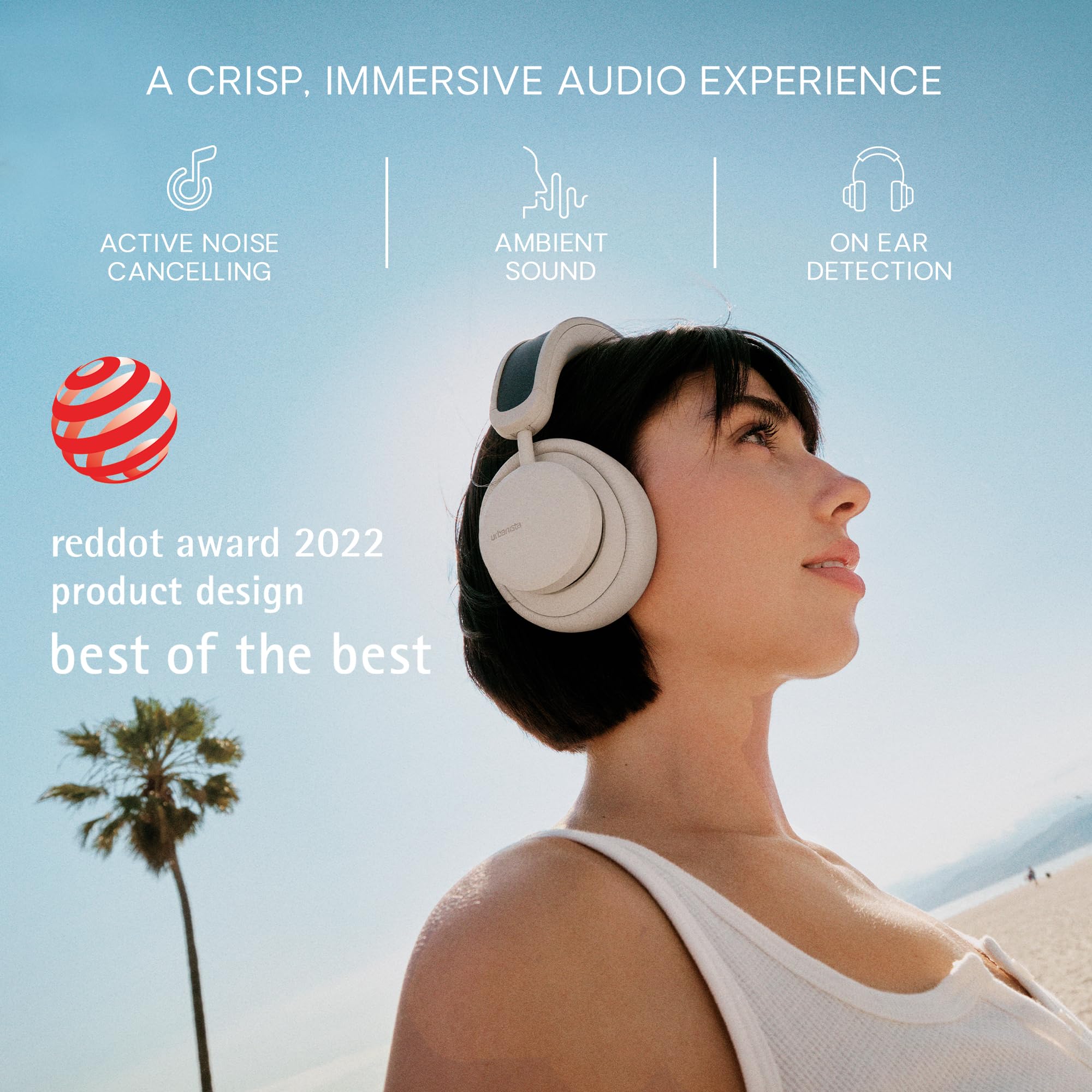 Urbanista Solar Powered Active Noise Cancelling Headphones with Infinite Playtime, Powerfoyle Self Charging Wireless Over Ear Bluetooth 5.0 Earphones, On Ear Detection, Los Angeles, Sand Gold