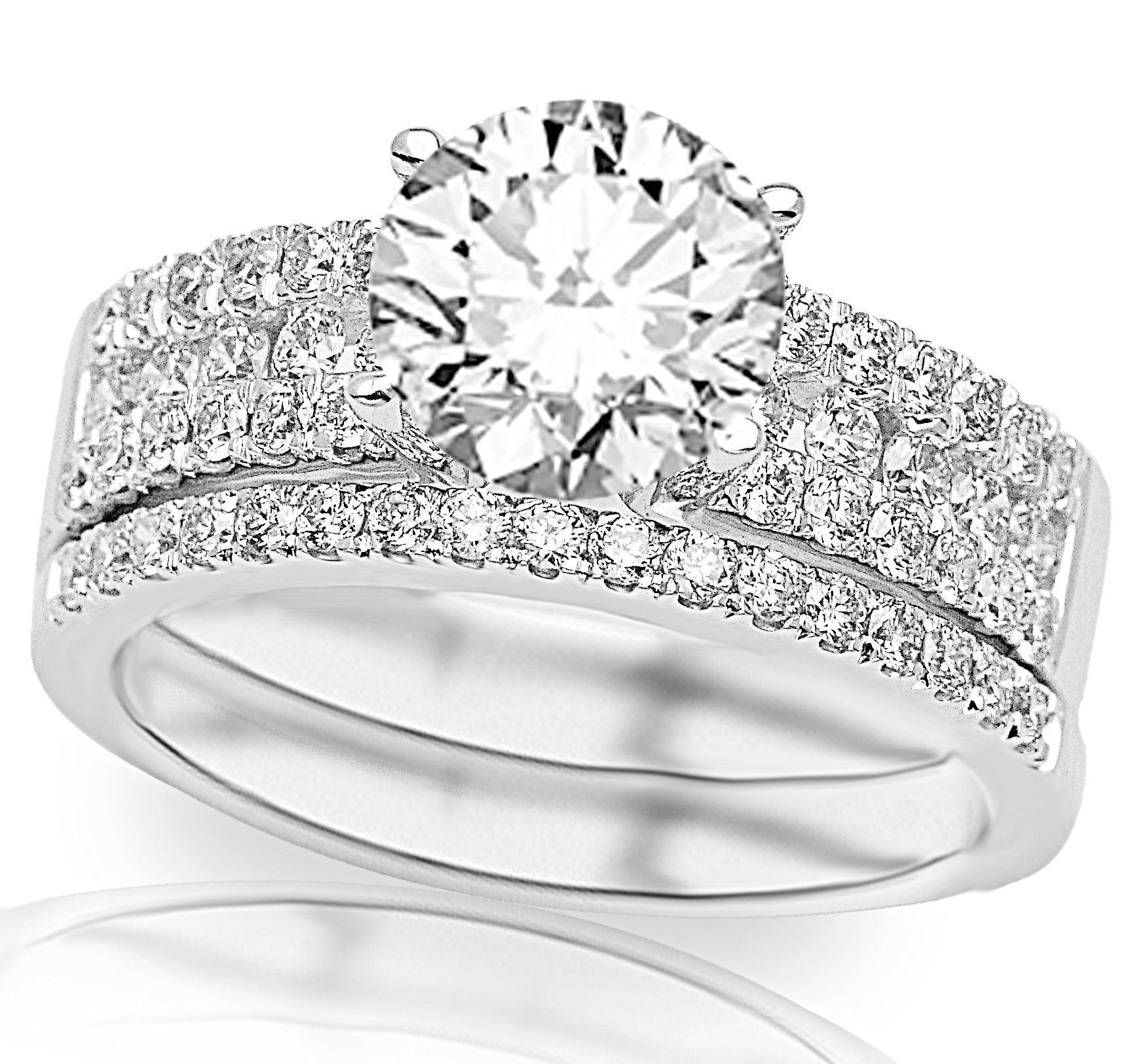 1.58 Carat 14K White Gold Three Row Prong And Middle Row Channel Set Round Diamonds Engagement Ring and Wedding Band Set with a 1 Carat Moissanite Center