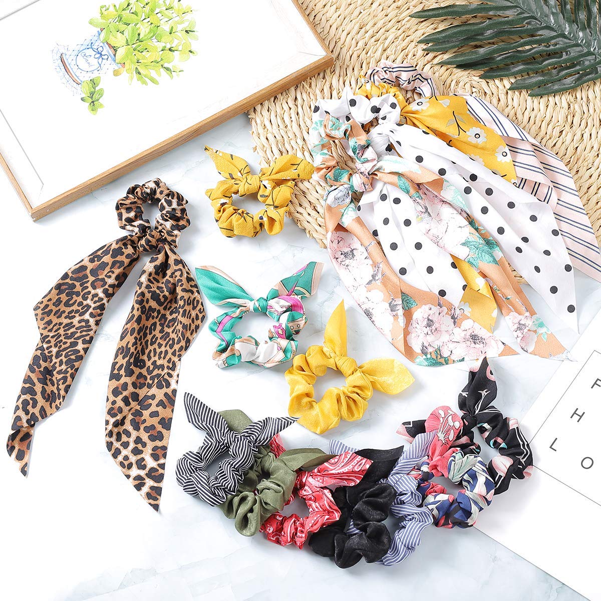 15 Pcs Chiffon Floral Ponytail Holders with Satin Bows and Scrunchies for Women (Color A)