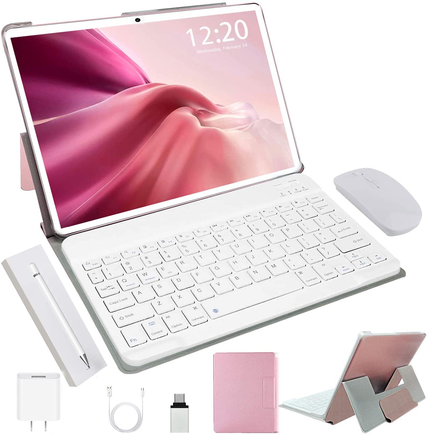 AOYODKG Tablet 2 in 1 with Keyboard, 10.1 inch Android 10 Tablet, 4GB + 64GB(128GB Expand), Dual SIM 4G, Quad-Core, IPS HD Display, 8MP Dual Camera, 8000mAh, WiFi, Google GMS Certified, AYO-P6(Pink)
