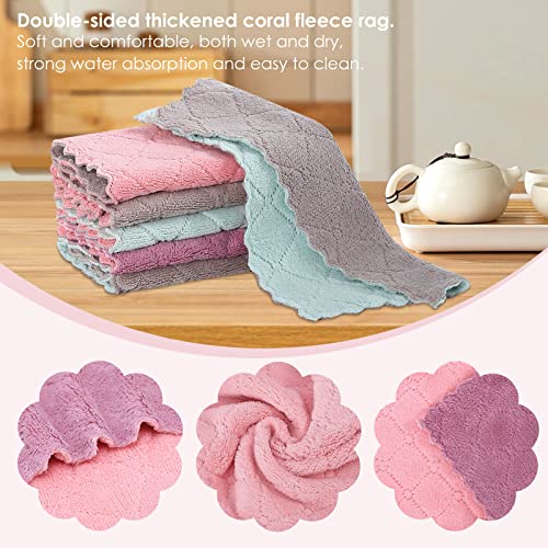 11Pack Kitchen Dish Cloths, Reusable Dish Towels, Nonstick Oil Washable Fast Drying, Super Absorbent Coral Velvet Cleaning Cloths for Cleaning Tableware, Kitchen, Bathroom (Pink-green10 x 6")