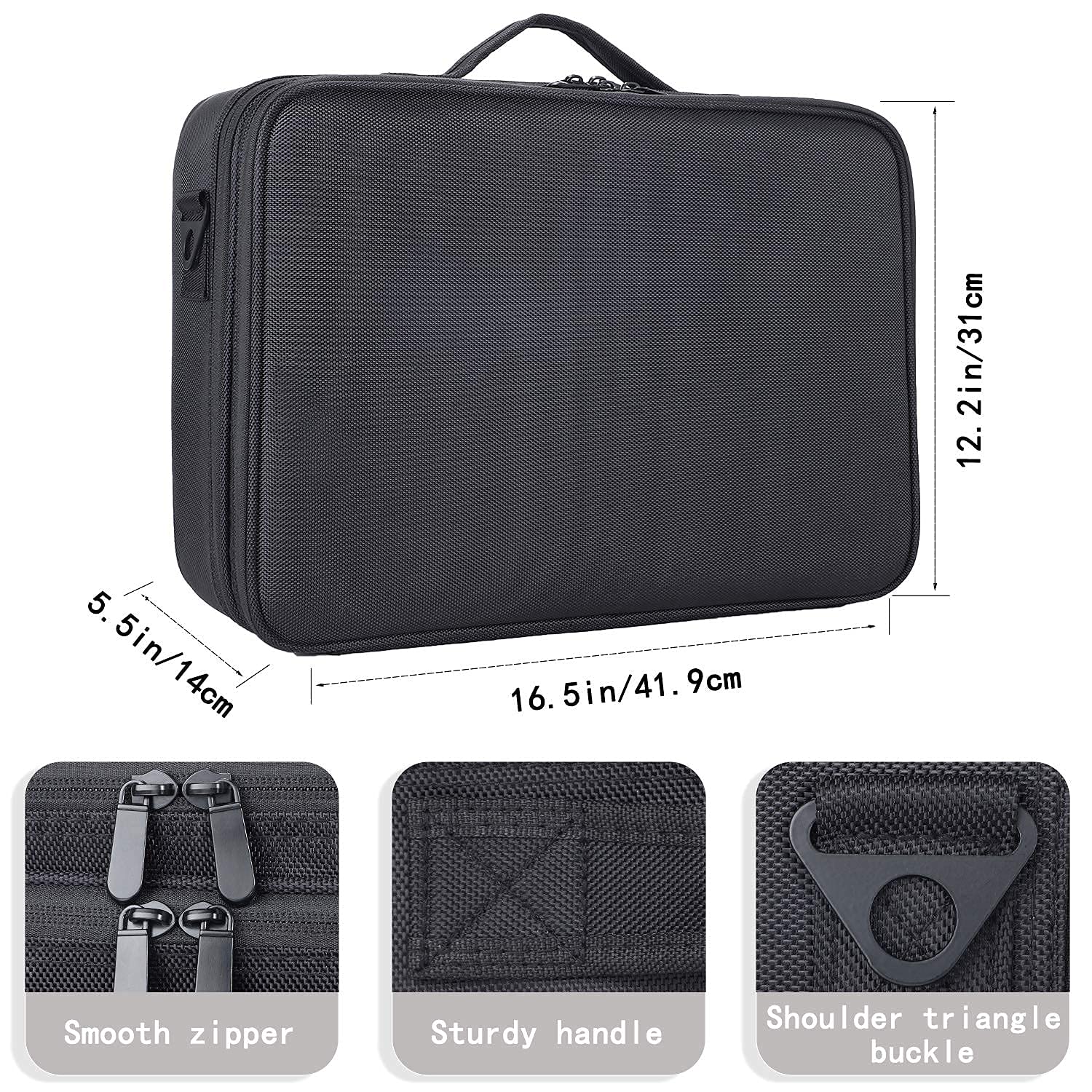 JOURMON Travel Makeup Case Portable Makeup Train Case Organizer Cosmetic Bag with Adjustable Dividers and Shoulder Strap for Makeup Brushes Toiletry Travel Accessories(Pure Black, L)