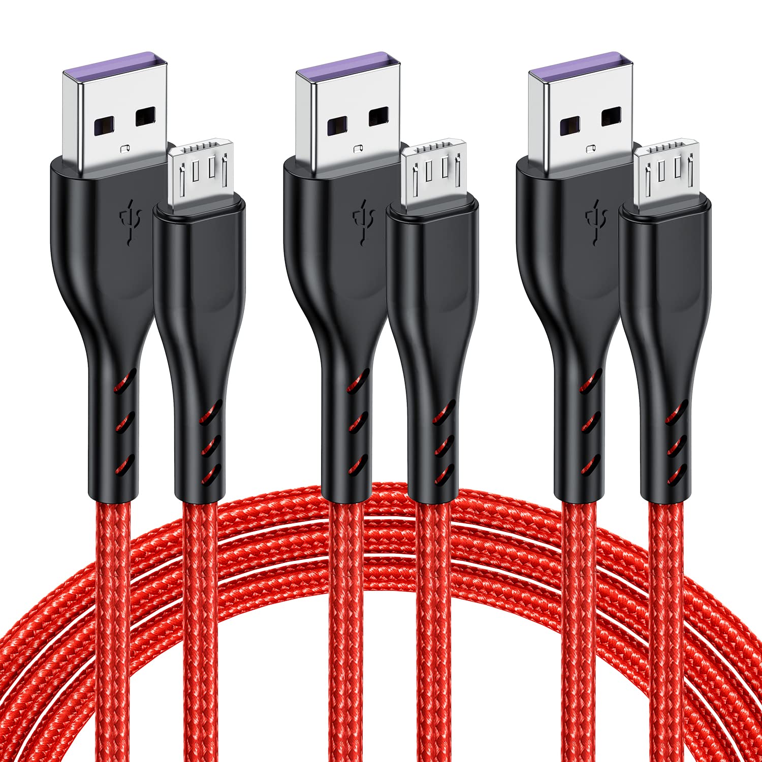 Kithumi Micro USB Cable 10Ft 3 Pack, 10 Feet Long Android Charger Cable, Durable Premium Nylon Braided Fast 10 Foot Phone Charger Cord for Samsung Galaxy S7 S6 S7 S5,Note 5 (Red)