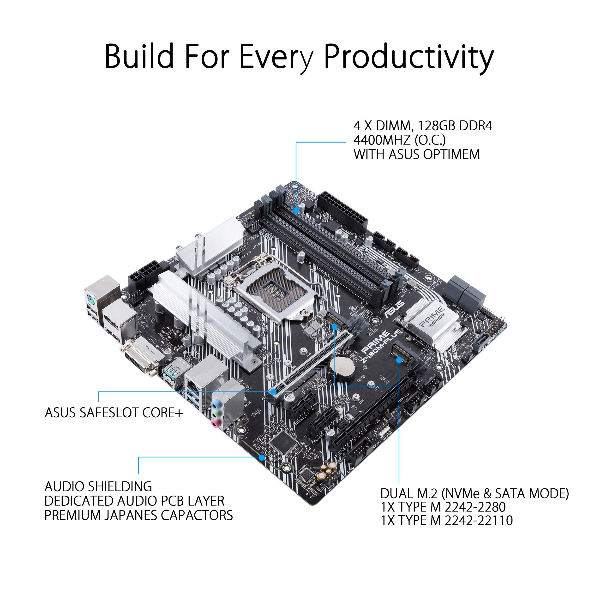 ASUS Prime Z490M-PLUS LGA 1200 (Intel® 10th Gen) Z490 Micro ATX Motherboard (Dual M.2, DDR4 4600, 1 Gb Ethernet, USB 3.2 Gen 2 USB Type-A®, Thunderbolt™ 3 Support, Aura Sync RGB)