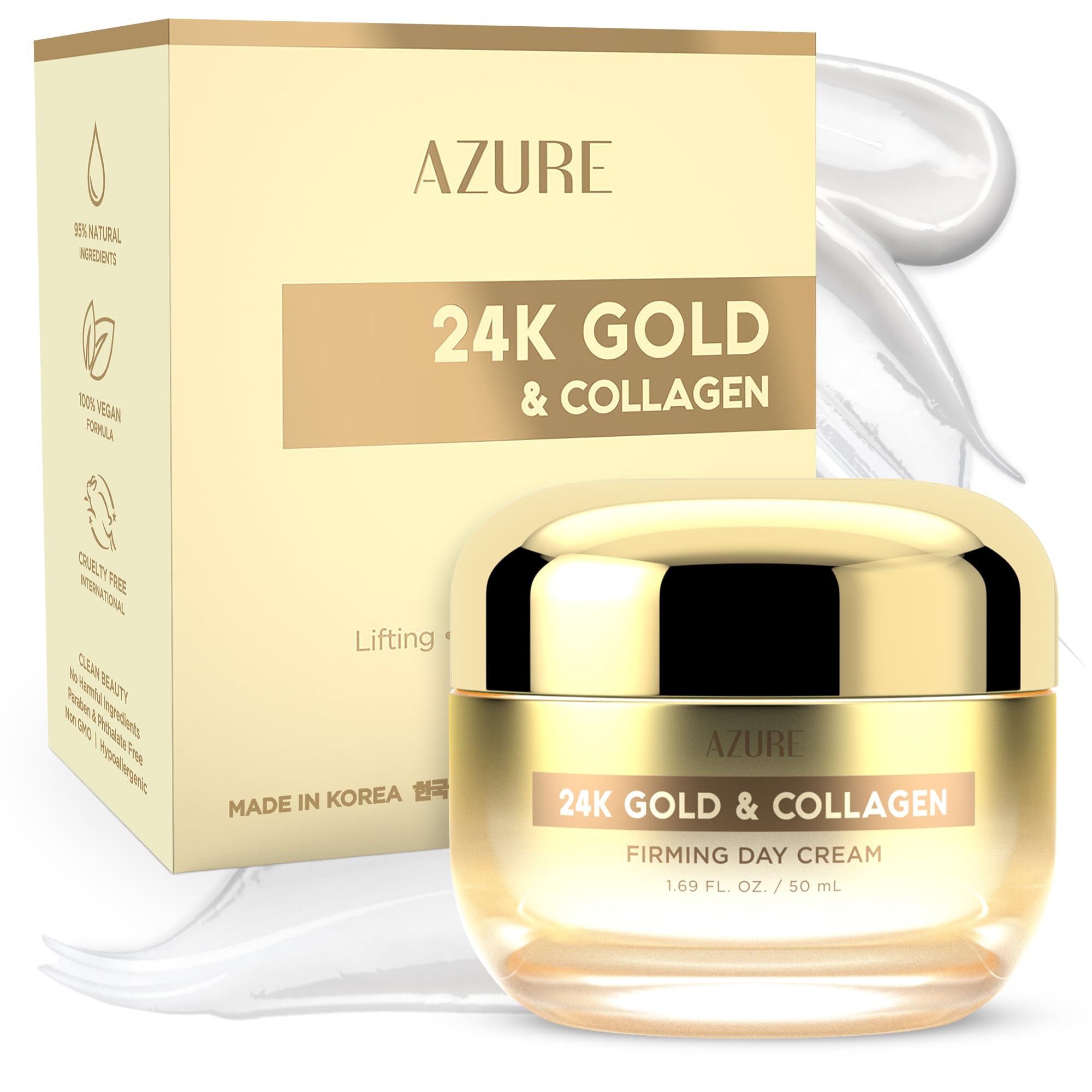 Azure Cosmetics Dermatologist Tested 24K Gold & Collagen Face Moisturizer - K Beauty Anti-Aging Face Cream for Firming & Skin Tightening - Korean Skincare - All Skin Type 1.69 fl oz