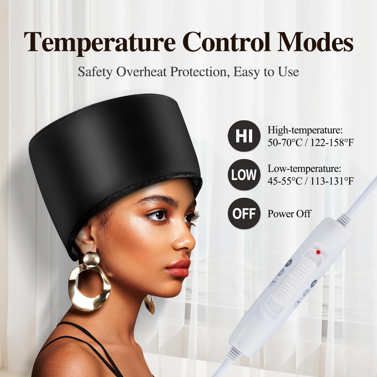 Heated Electric Thermal Steamer Cap for Natural Black Afro Hair - Hot Spa Treatment Hat with Temperature Control for Deep Conditioning at Home - Black