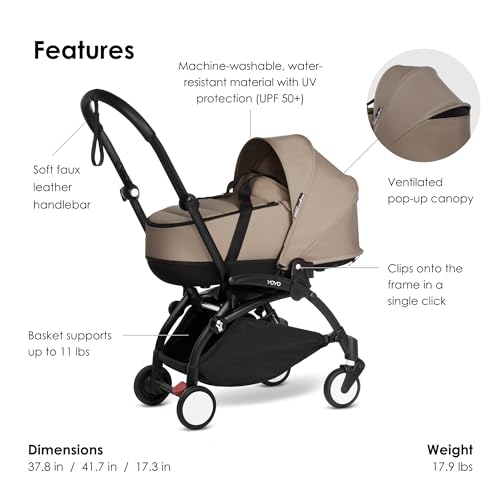 BABYZEN YOYO2 Black Frame + Taupe Bassinet - Includes Thick Double Mattress, Ventilated Shell & Canopy