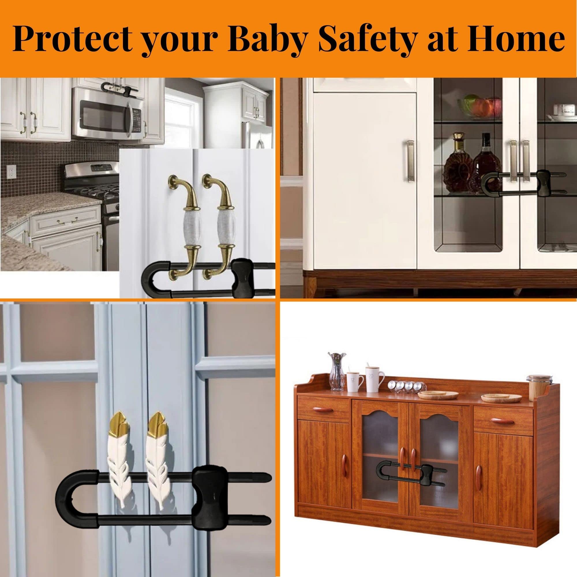 10 Pieces Sliding Cabinet Locks, U-Shaped Baby Proofing with Adjustable Kids Safety Lock, Secure and Easy to Use Childproof Latches for Handles Knobs Kitchen Storage Drawers Cupboard Fridge, Black