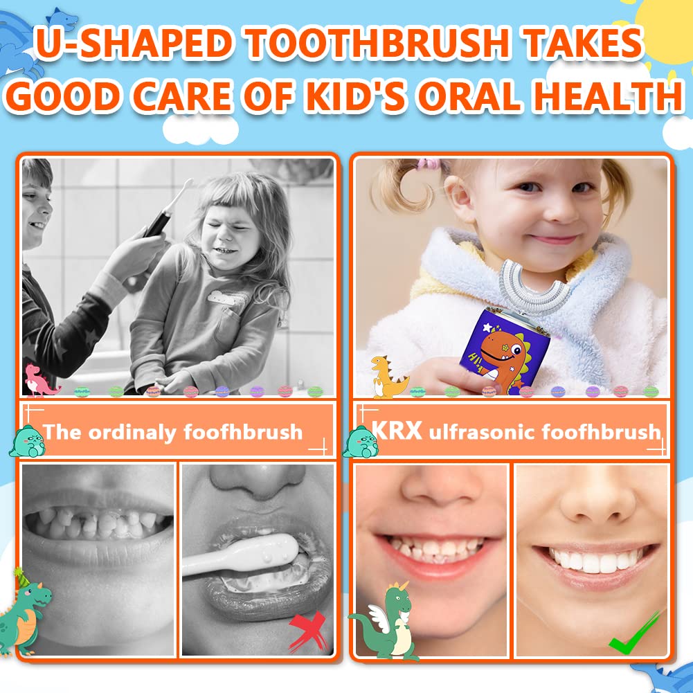 Kids Electric Toothbrush U Shape Dinosaur Ultrasonic Automatic Toothbrush with Replacement Soft Bristles Heads Six Modes 360°Oral Cleaning IPX7 Waterproof Smart Rechargeable Toothbrush (3. Orange)