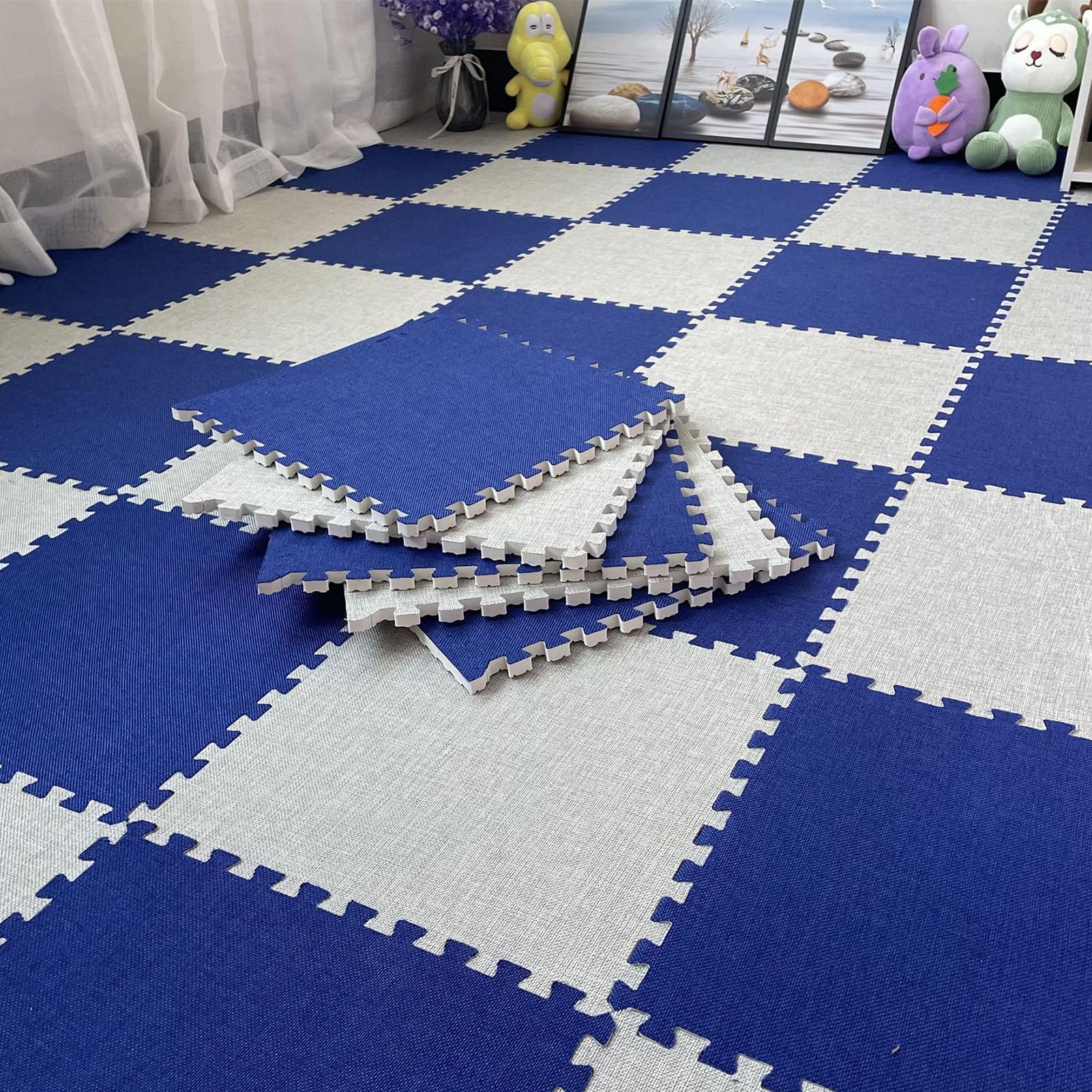 10 Pcs Non-Slip Puzzle Floor Tiles with Borders, Cotton Linen Interlocking Floor Mat in Two Sizes, Cold Insulation Moisture Proof Foam Play Mats