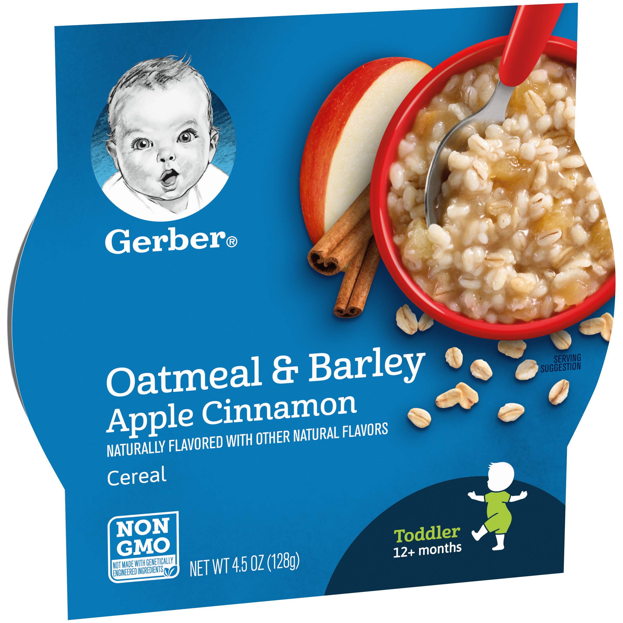 Gerber Breakfast Buddies Toddler Cereal, Oatmeal & Barley Apple Cinnamon Cereal, Non-GMO Whole Grain Oats & Real Fruit, Made for Toddlers, 4.5 OZ Tray (Pack of 4)