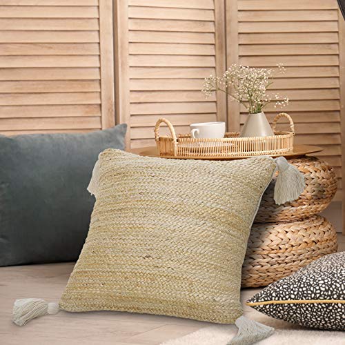 LR Home Natural Jute Tassels Throw Pillow, 1 Count (Pack of 1), Tan