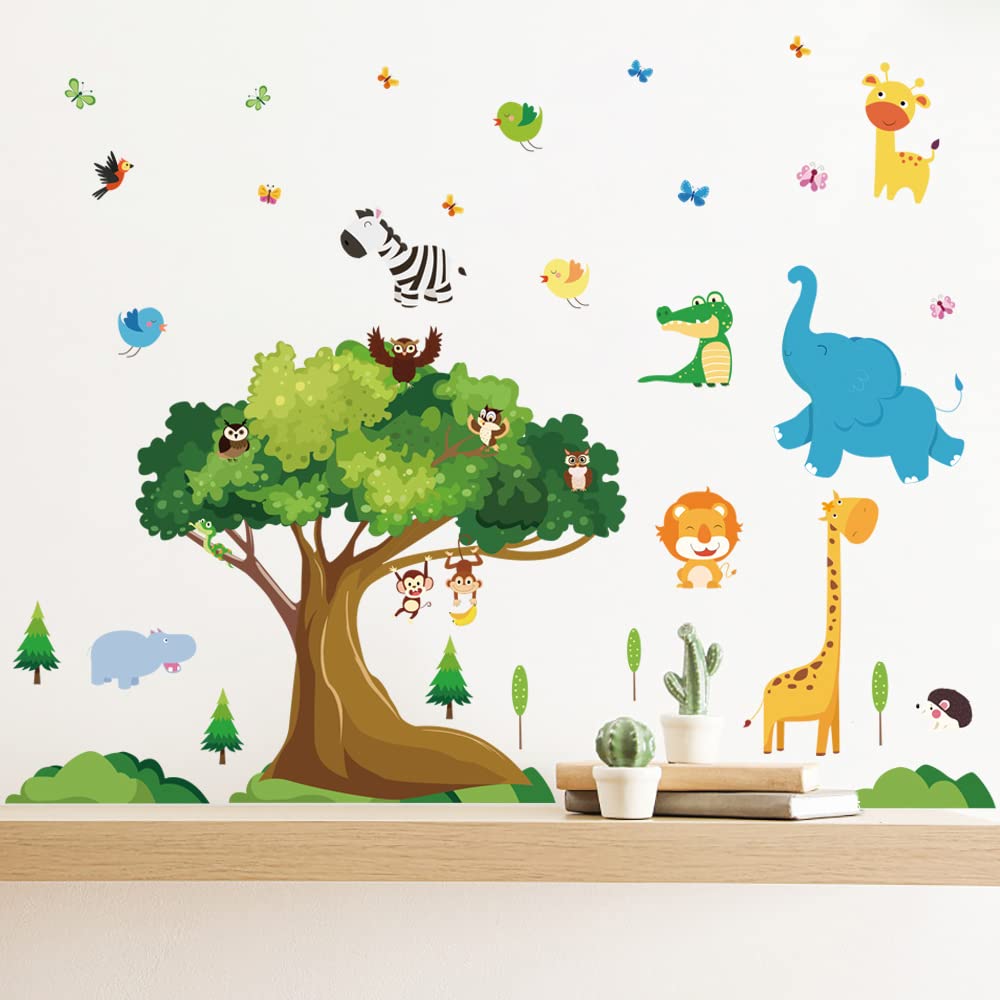 Runtoo Jungle Animals Wall Decals Monkey Elephant Forest Tree Wall Stickers for Kids Bedroom Baby Nursery Wall Decor