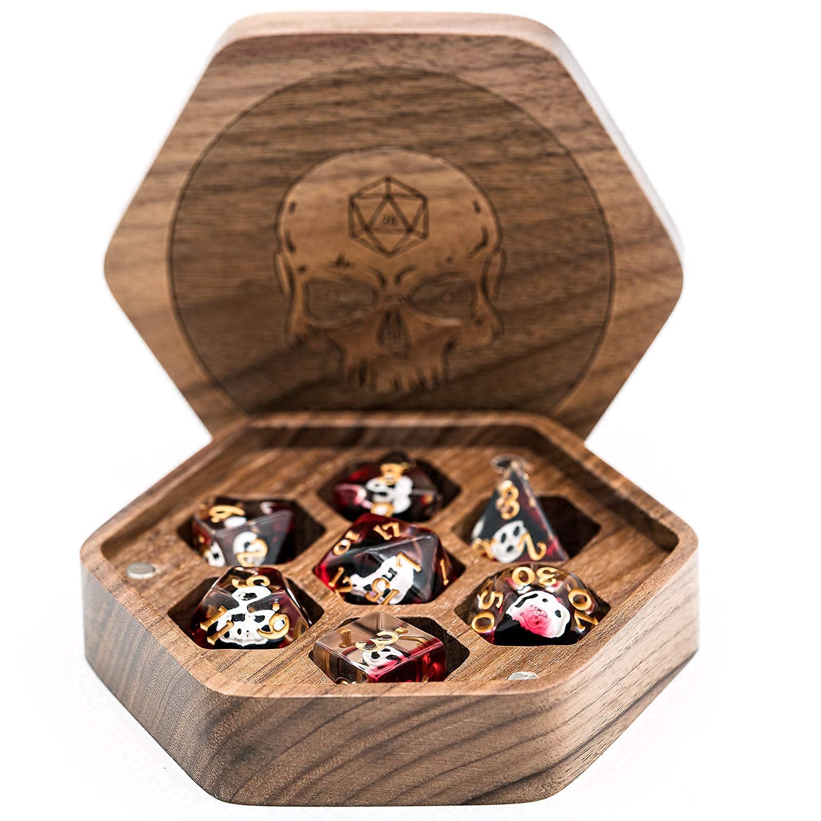 2 Pack (A Wooden Dice Set Box and A 7Pcs Resin DND Dice Set for Dungeons and Dragons)
