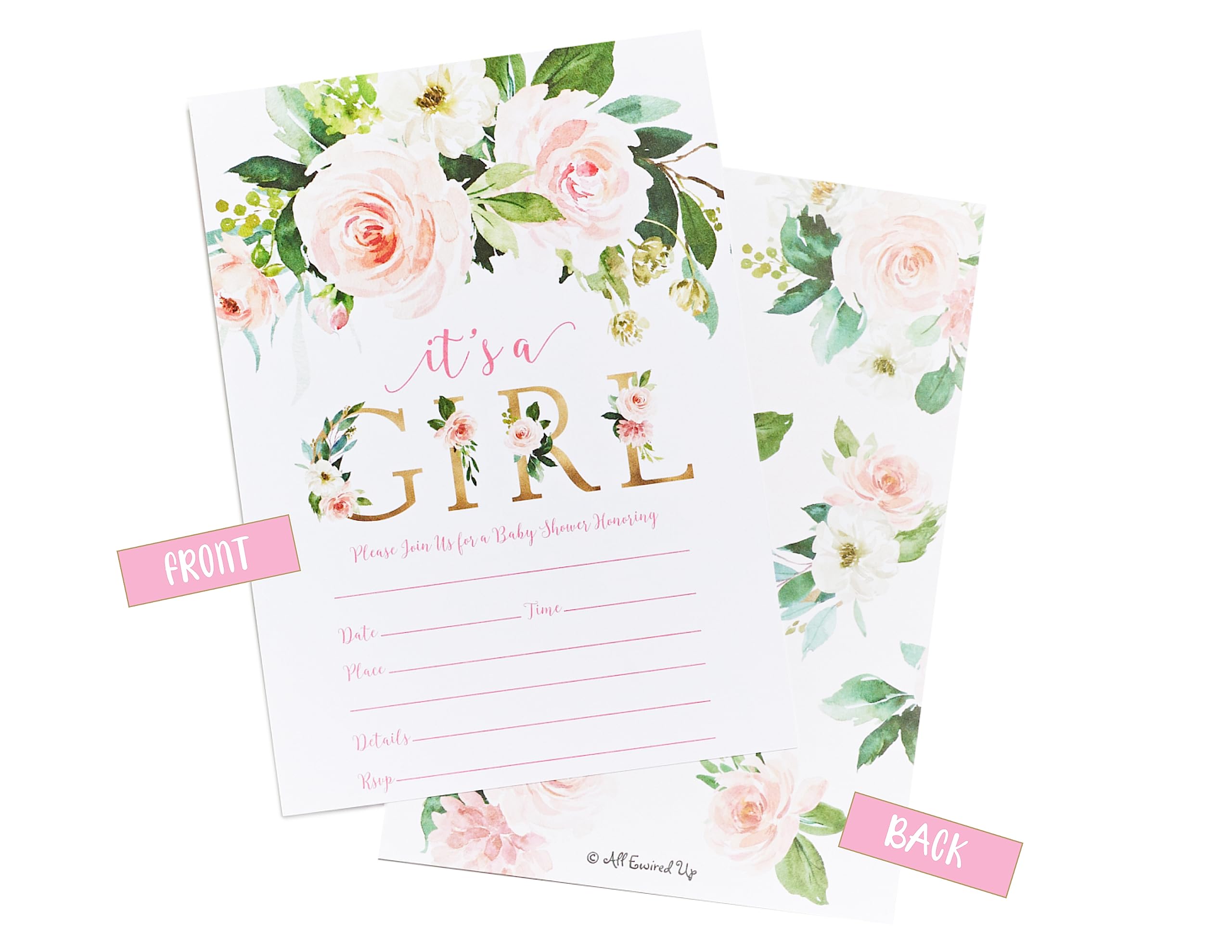 All Ewired Up 25 Pink It's A Girl Baby Shower Invitations with Envelopes (Large Size 5x7) Boxed Set, Double-Sided, Boho Floral Greenery, Sprinkle, Blush Boho