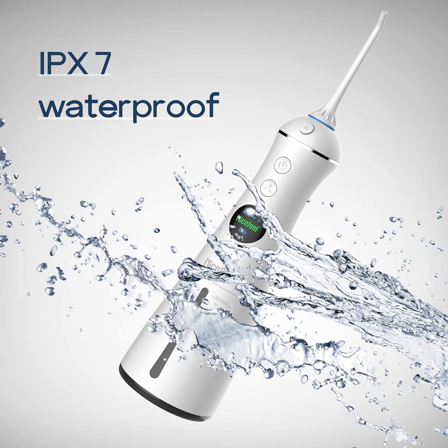 Nicefeel Portable Water Flosser Cordless Rechargeable Dental Cleaner Irrigator, with Gravity Ball, LCD Display, 300ml tank 6 Modes 4 Jet Tips, and IPX7 Water proof for Travel & Home & Braces